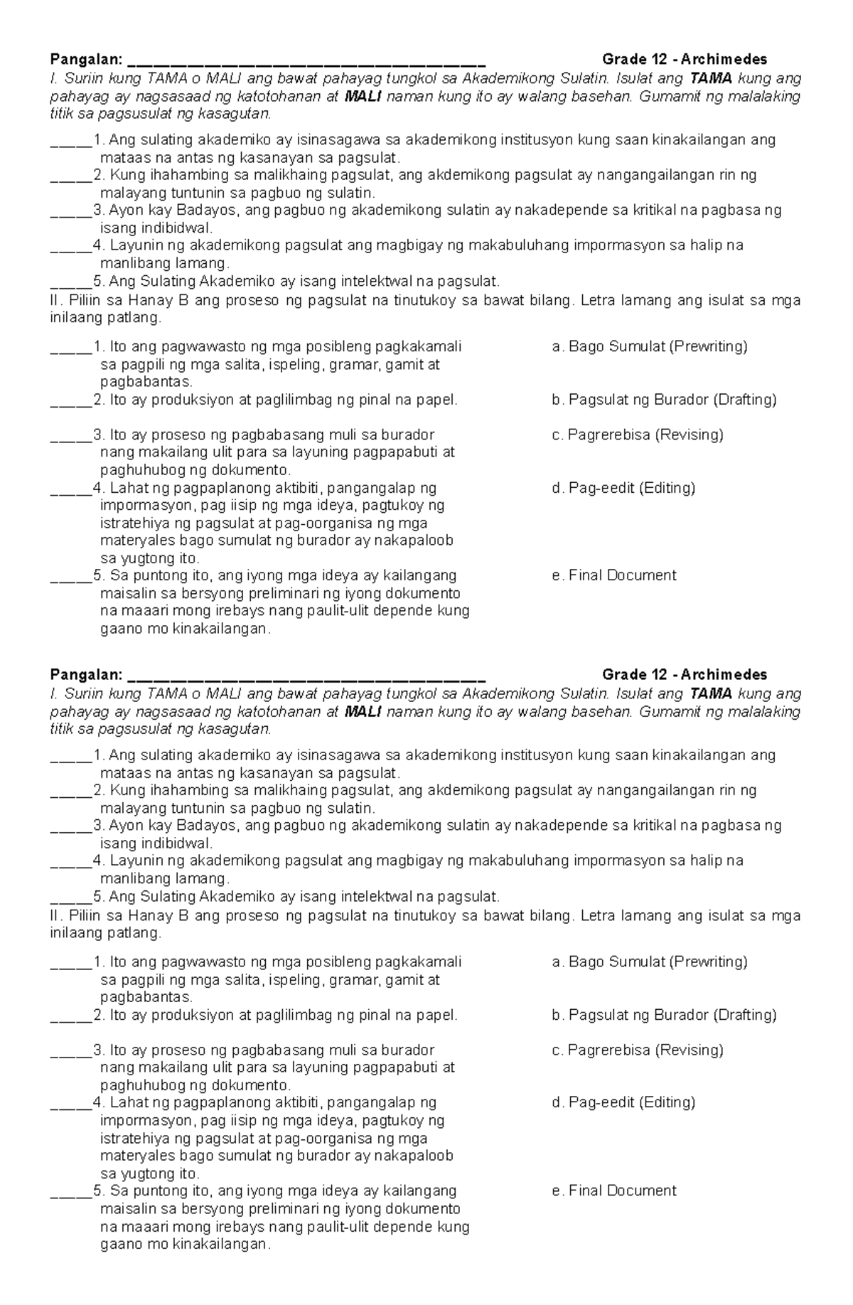 QUIZ #1 Pagbasa - Pangalan ...