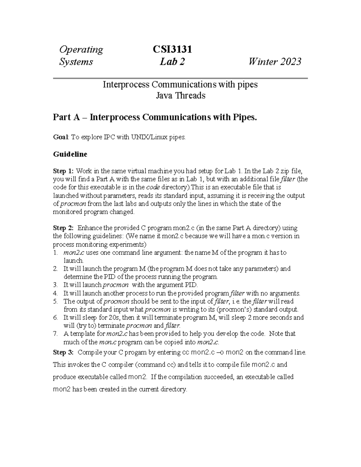 Lab 2 Part A Instructions - Operating Systems CSI Lab 2 Winter 20 23 ...