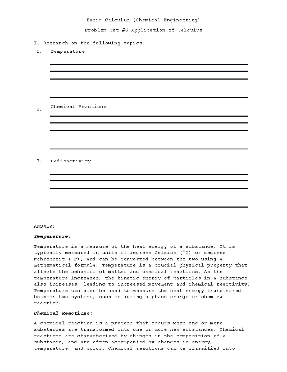 Chemical Engineering Problem Set 6 - Research on the following topics ...