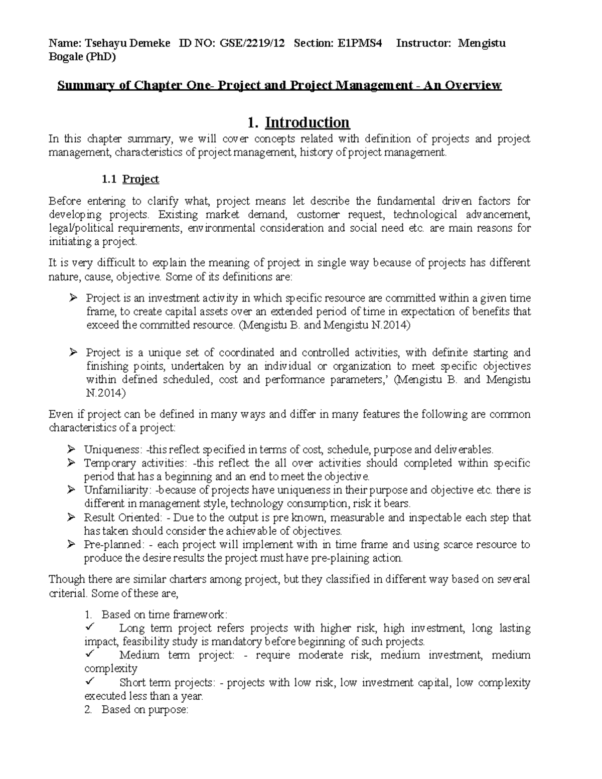 Summary of Chapter One- Project and Project Management - An Overview ...