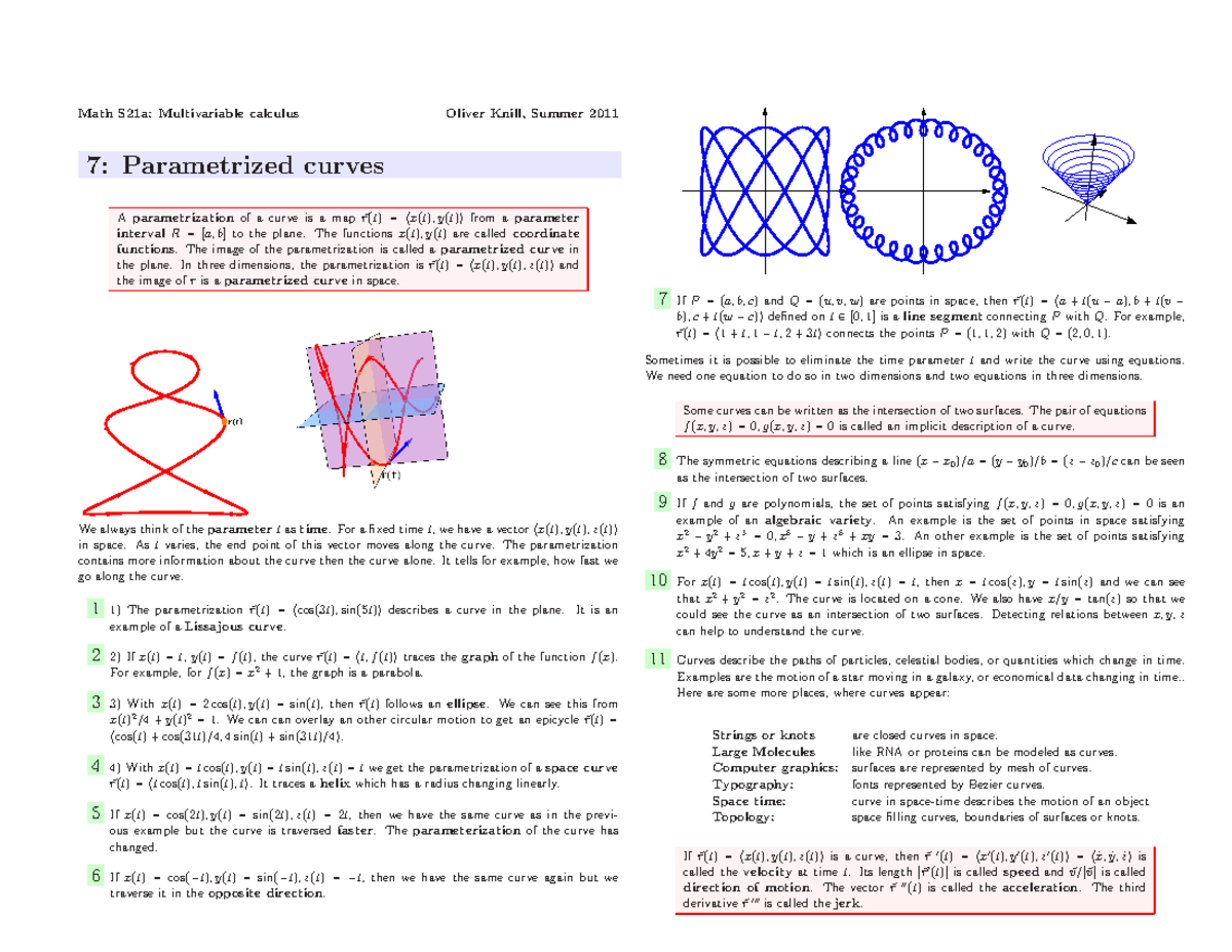Parametrizations of curves - Math S21a: Multivariable calculus Oliver Knill, Summer 201 1 7 ...