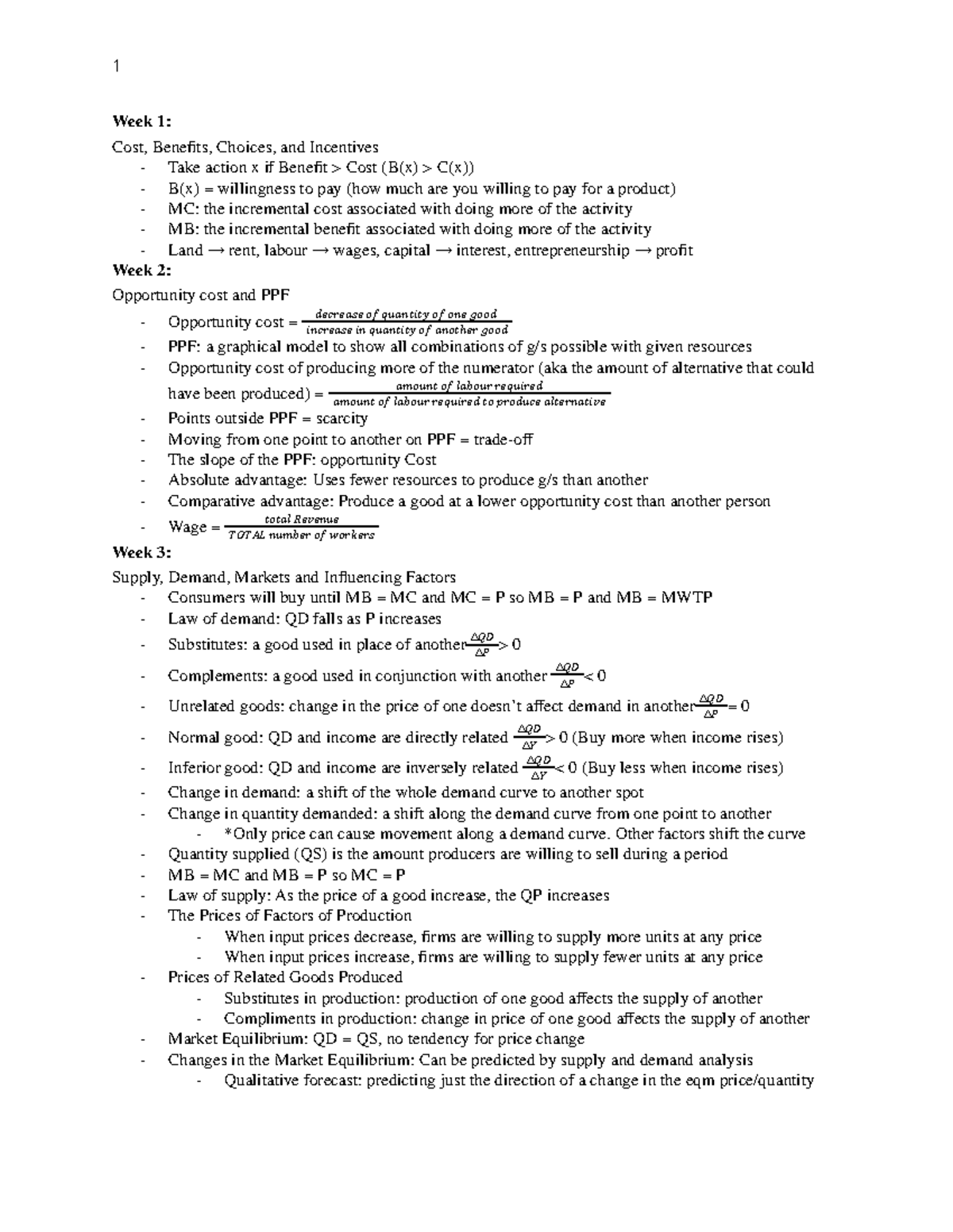 Econ Formulas - Good useful notes - Week 1: Cost, Benefits, Choices ...