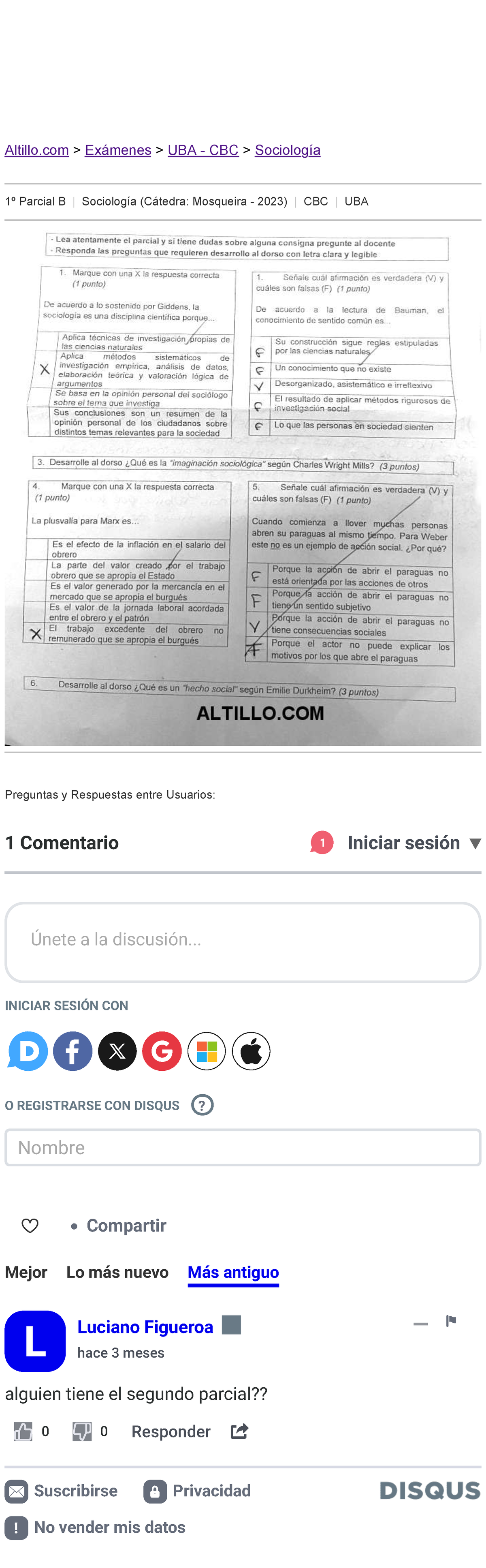 1º Parcial B Sociología (Mosqueira - 2023) CBC UBA - Altillo > Exámenes > UBA - CBC > - Studocu