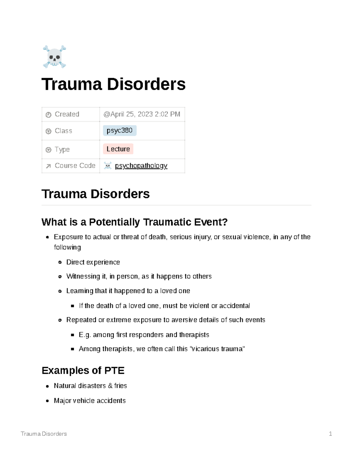 Trauma Disorders - ☠ Trauma Disorders Created Class psyc Type Lecture Course Code F ...