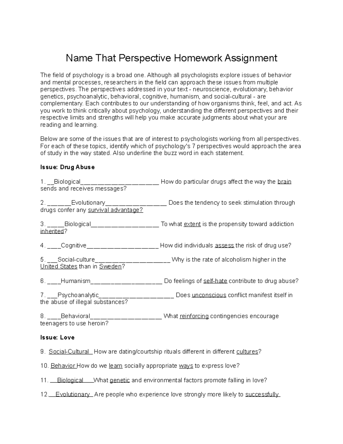 Perspective Assignment - Name That Perspective Homework Assignment The ...