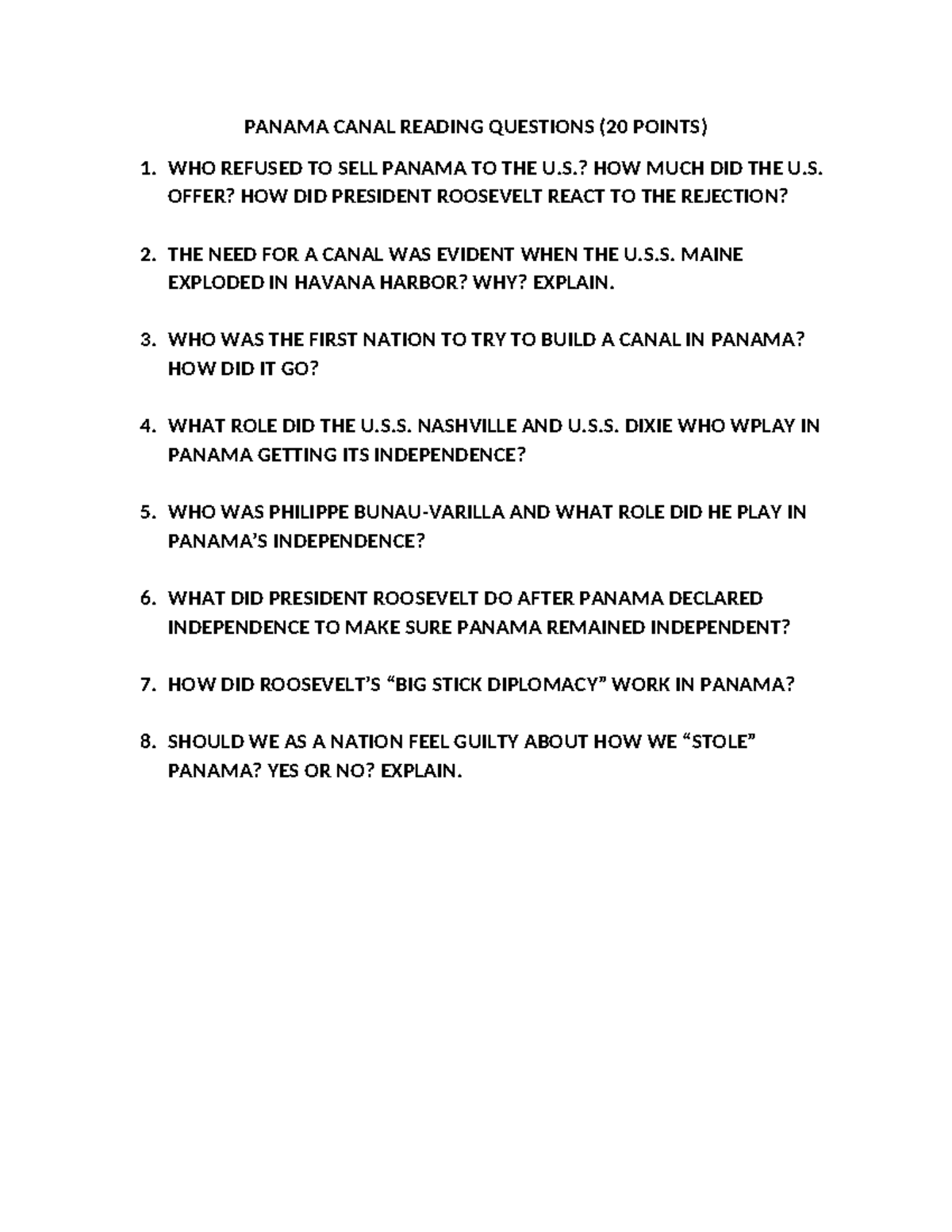 Panama Canal Reading Questions - PANAMA CANAL READING QUESTIONS (20 ...
