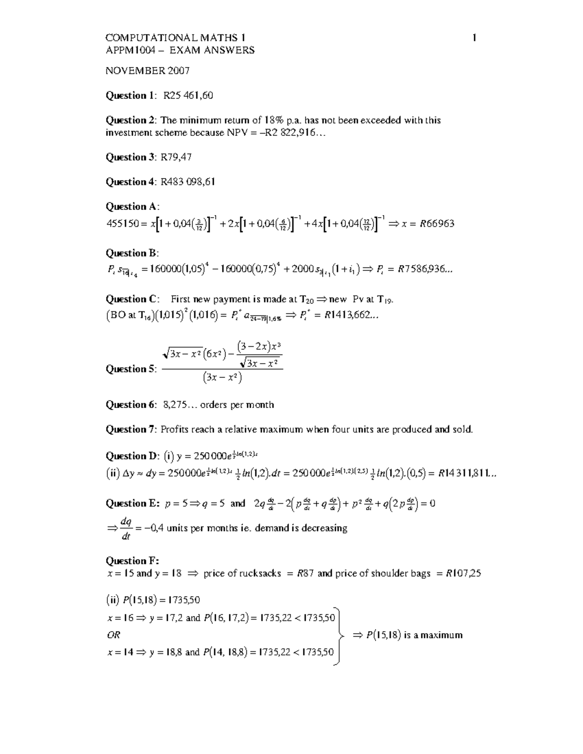 NOV ANSWERS.pdf - COMPUTATIONAL MATHS 1 APPM1004 – EXAM ANSWERS 1 ...