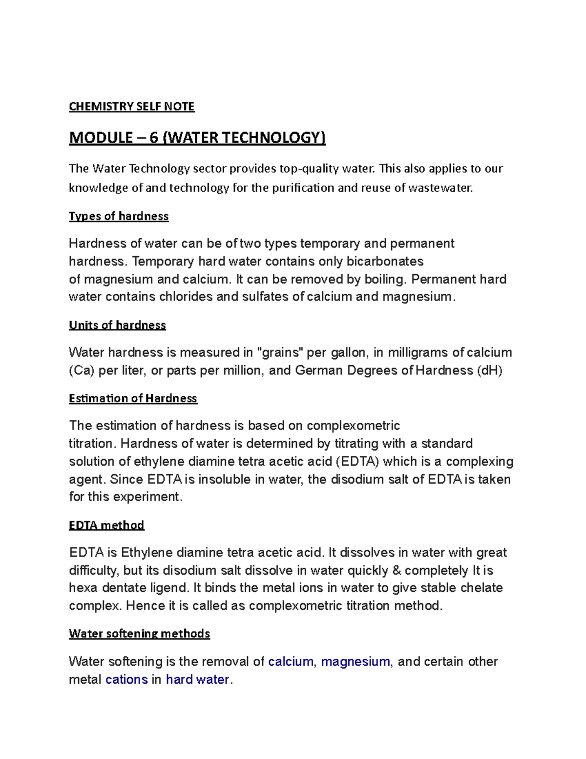 Self note KTU Chemistry (Mod 6) - CHEMISTRY SELF NOTE MODULE – 6 (WATER ...