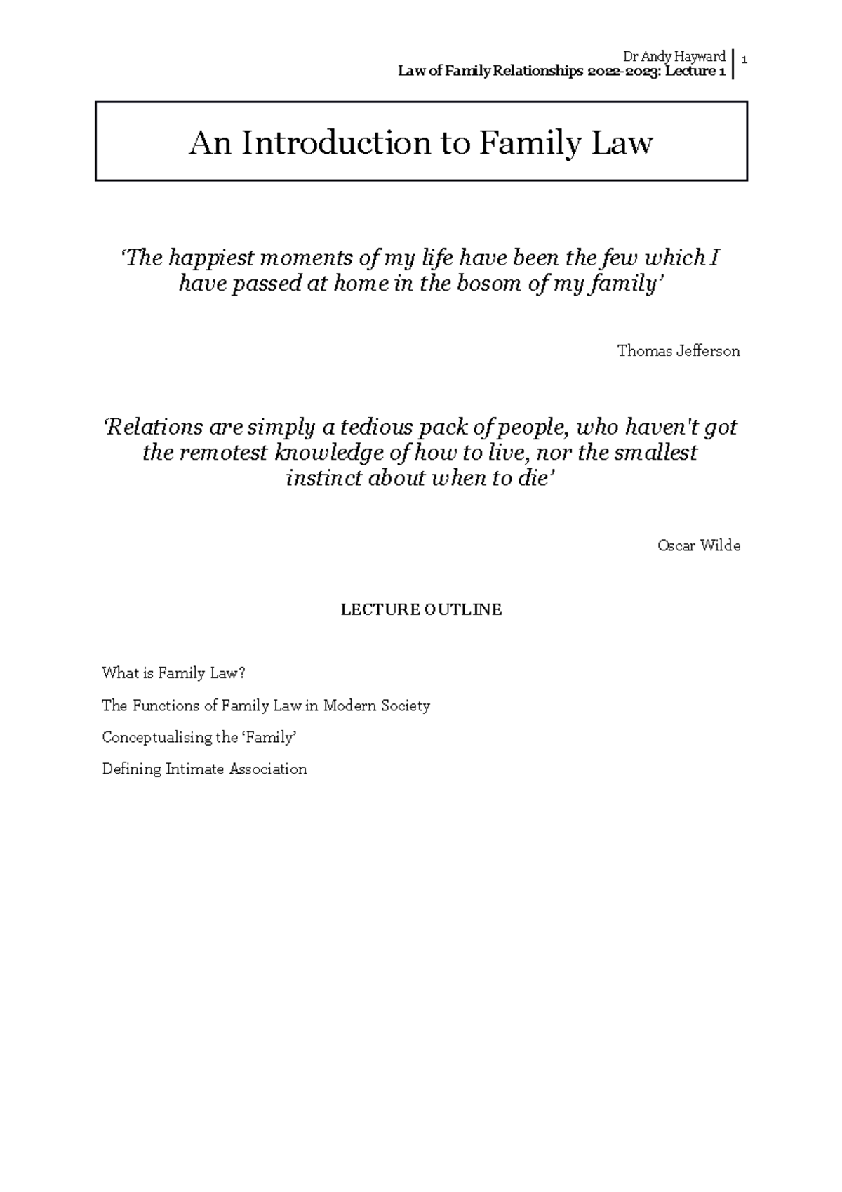 Family LAW Lecture ONE 2022-2023 - Law of Family Relationships 2022 ...