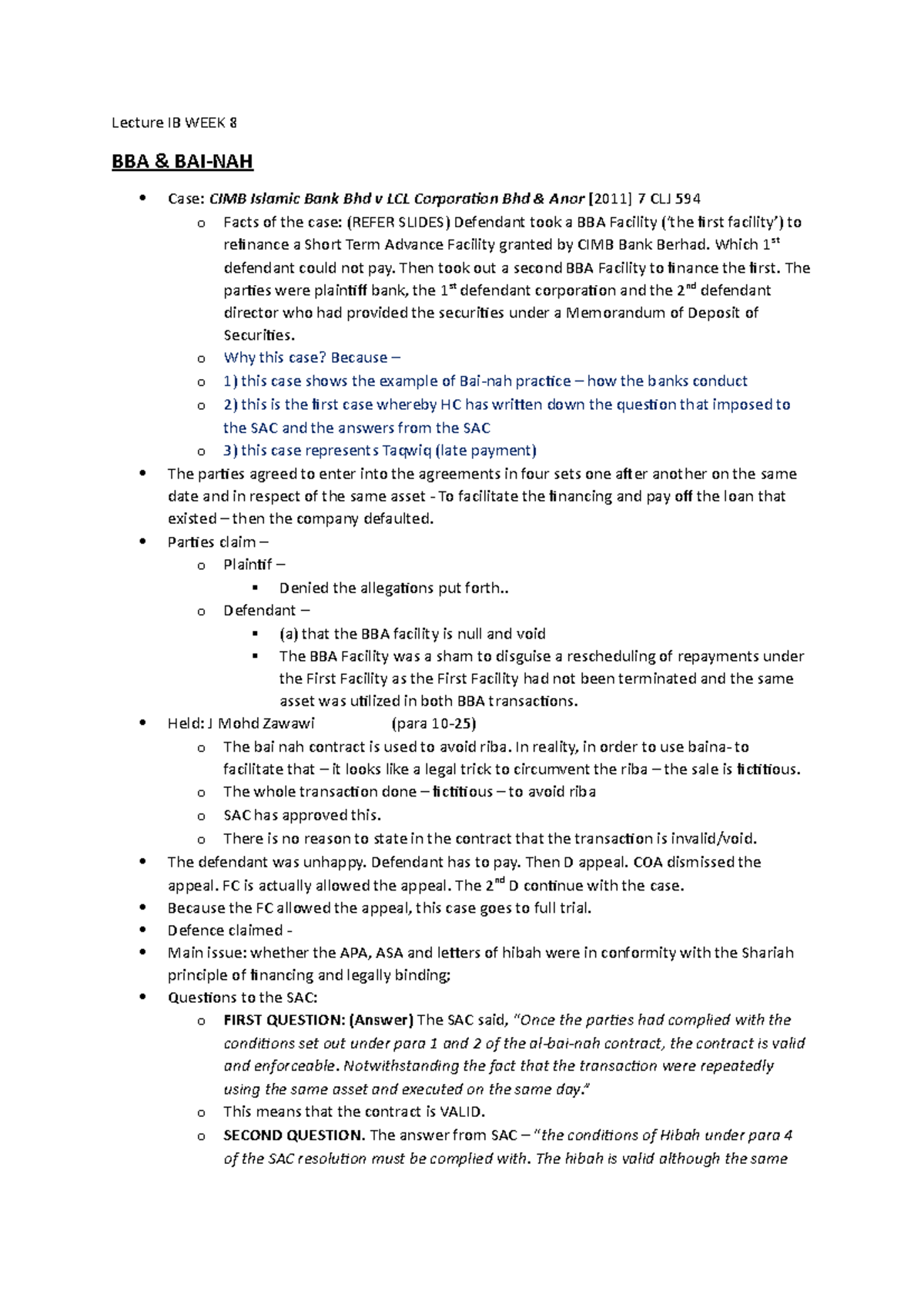 (5) Contract - AL- Bainah WEEK 8 - Lecture IB WEEK 8 BBA & BAI-NAH Case ...