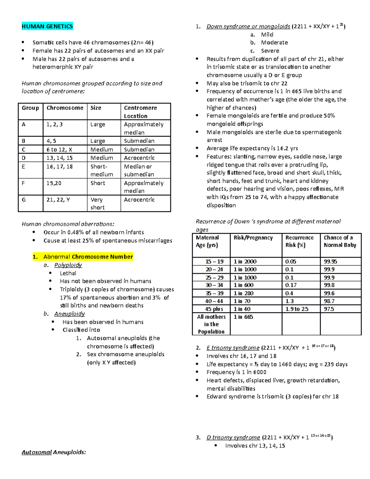 Human Genetics - HUMAN GENETICS Somatic cells have 46 chromosomes (2n ...