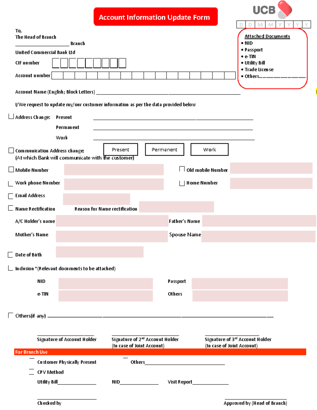 Account Information Update(corrected) - To, The Head of Branch _____________________ Branch ...