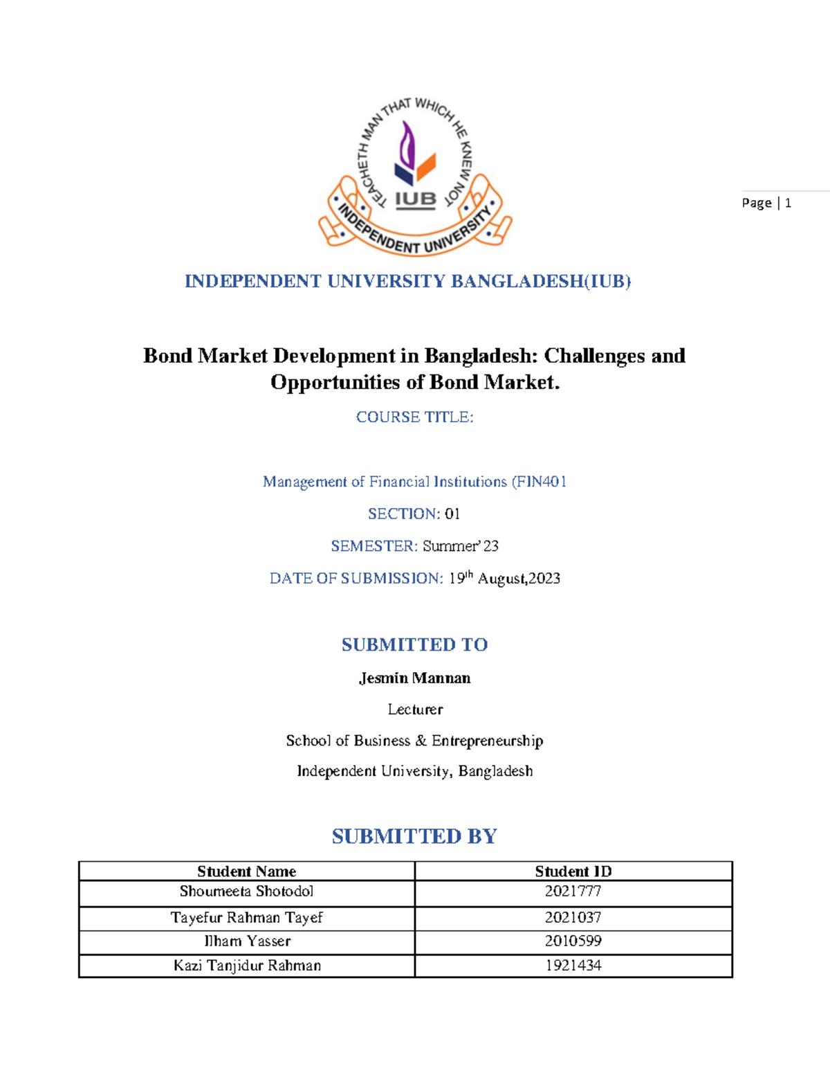 FIN405 final assignment group 4 summer 23 - Page | 1 INDEPENDENT ...