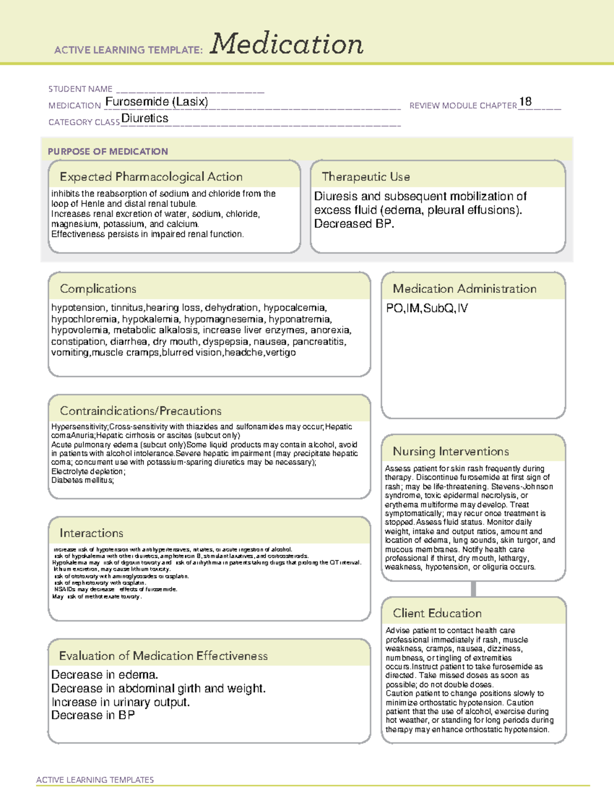 Furosemide medcard - ACTIVE LEARNING TEMPLATES Medication STUDENT NAME ...