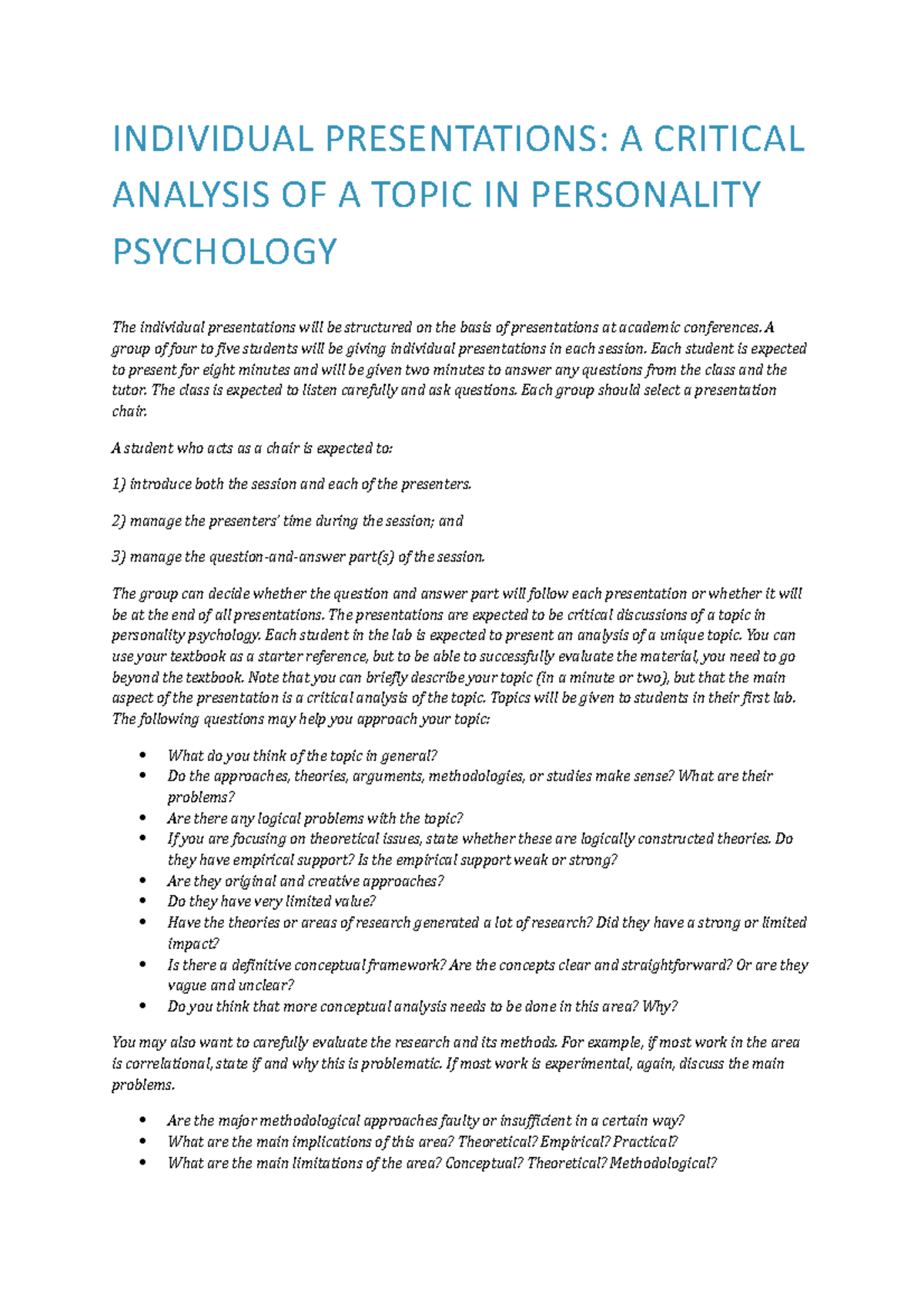 Presentation Topic - INDIVIDUAL PRESENTATIONS: A CRITICAL ANALYSIS OF A ...