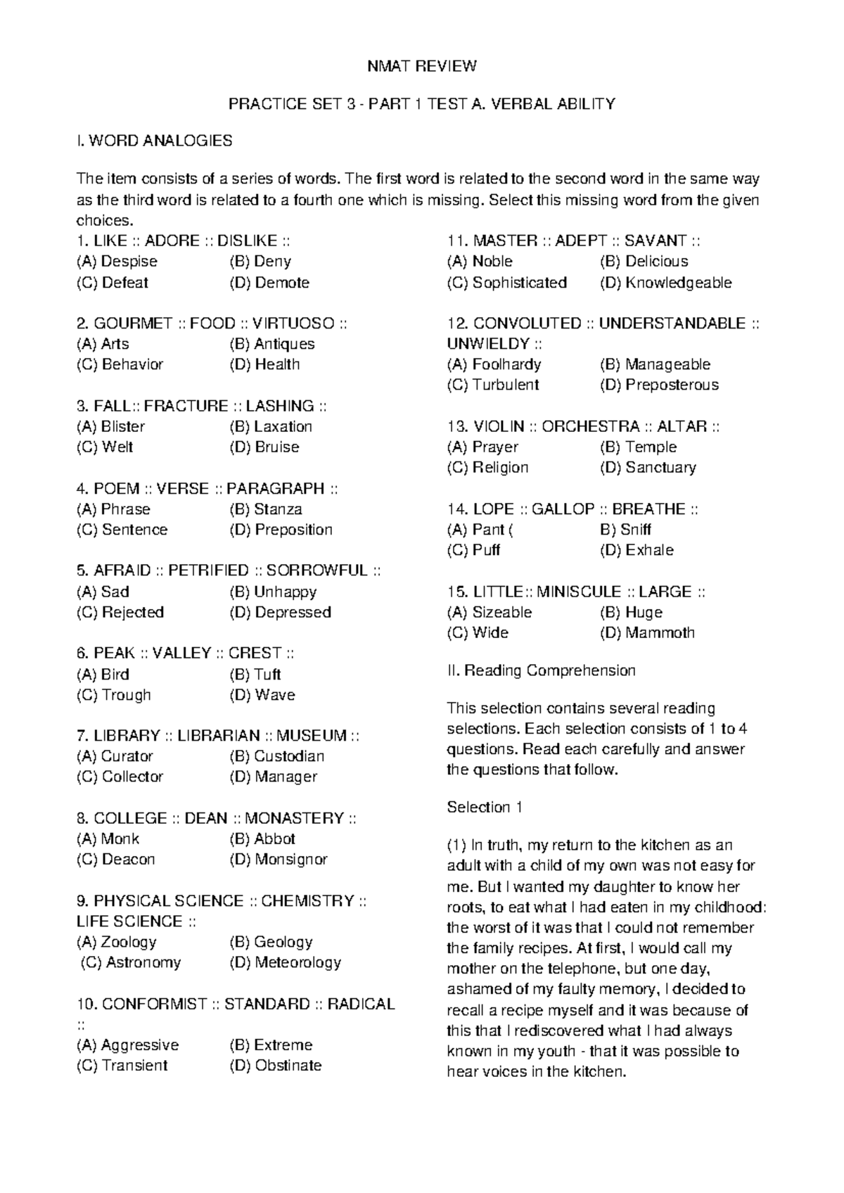 Practice Set 3 - dmp,dp;2, - NMAT REVIEW PRACTICE SET 3 - PART 1 TEST A ...