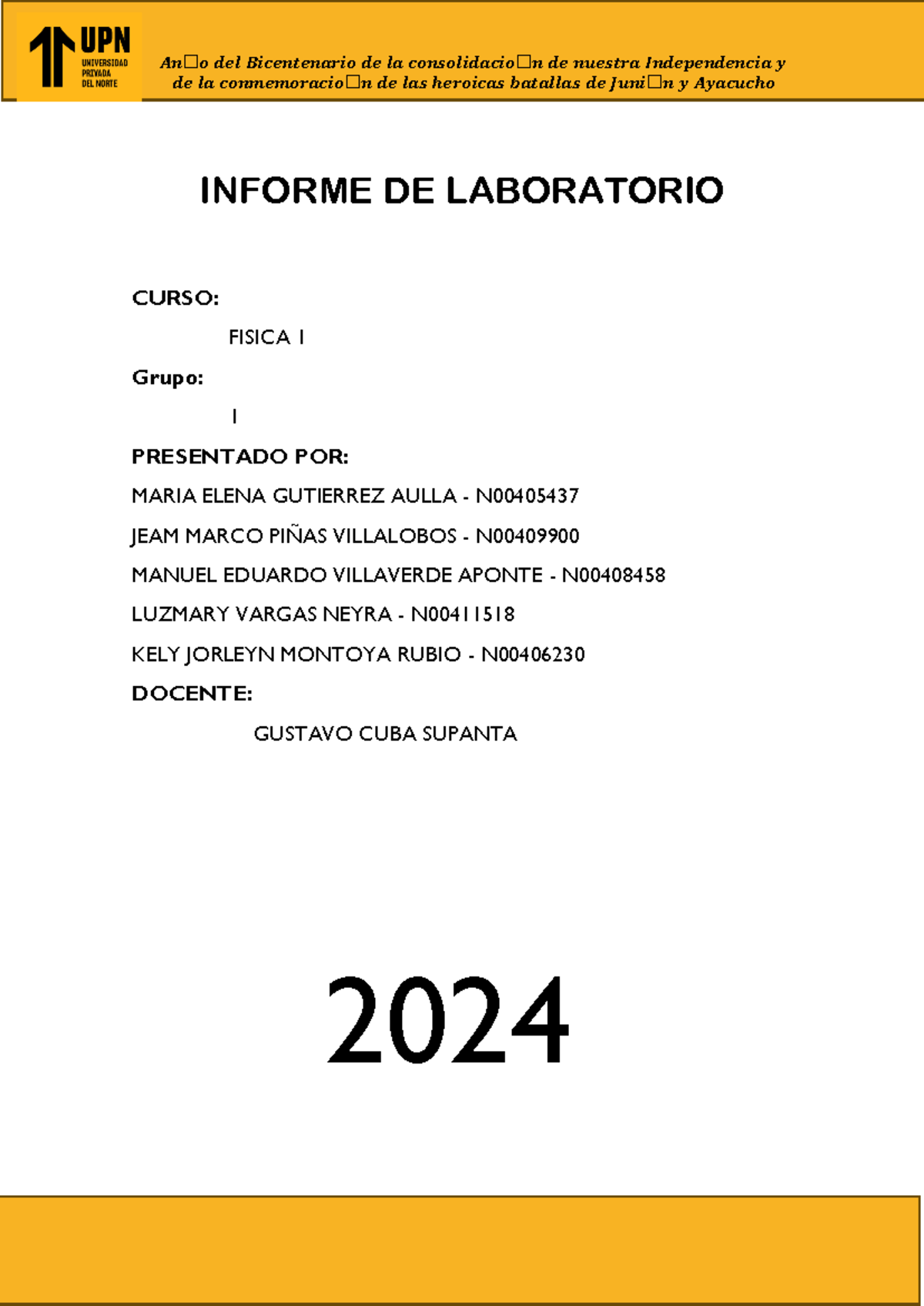 2024 Reporte LAB FISI1 S02 CL Grupo 1 - 𝑨𝒏̃ 𝒐 𝒅𝒆𝒍 𝑩𝒊𝒄𝒆𝒏𝒕𝒆𝒏𝒂𝒓𝒊𝒐 𝒅𝒆 𝒍𝒂 𝒄𝒐𝒏𝒔𝒐𝒍𝒊𝒅𝒂𝒄𝒊𝒐̃ 𝒏 𝒅𝒆 𝒏𝒖𝒆𝒔𝒕𝒓𝒂 ...