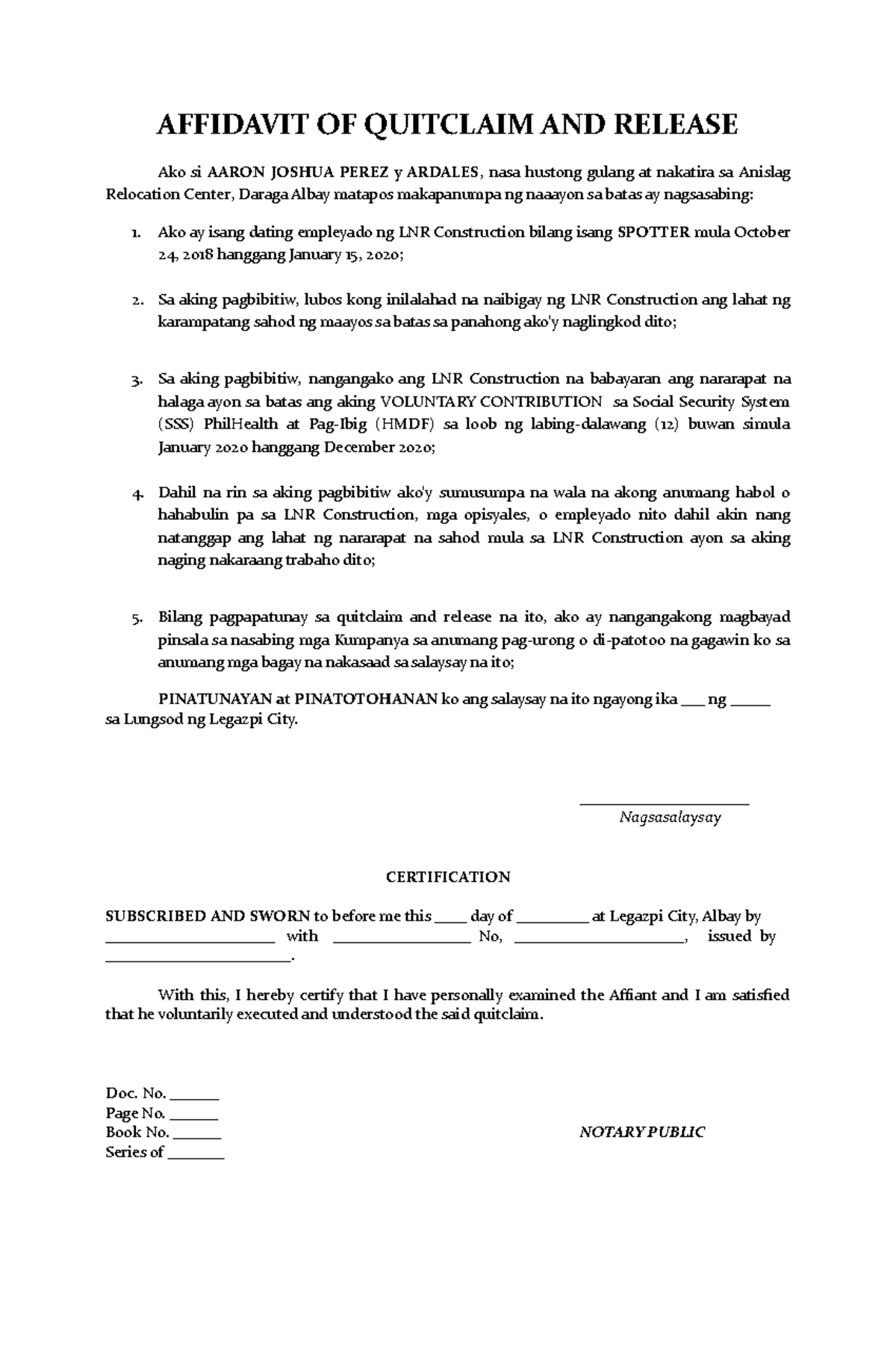 Affidavit of Quit Claim Perez - AFFIDAVIT OF QUITCLAIM AND RELEASE Ako ...