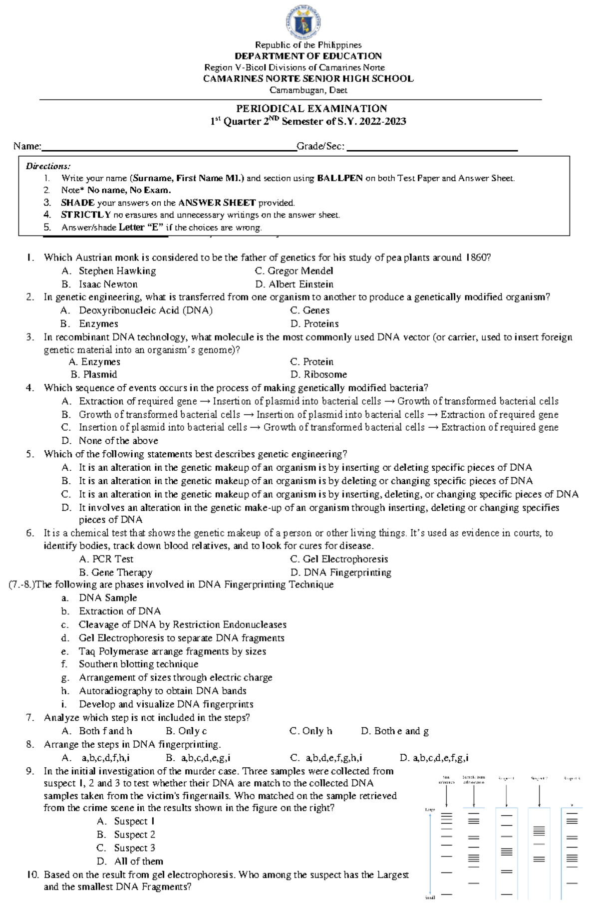 1st Quarter 2nd Sem Periodical Exam Biology - Republic of the ...