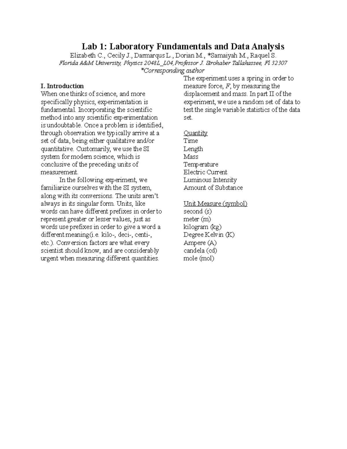 Physics 2048 Lab 1 - Lab 1: Laboratory Fundamentals and Data Analysis Elizabeth C., Cecily J ...