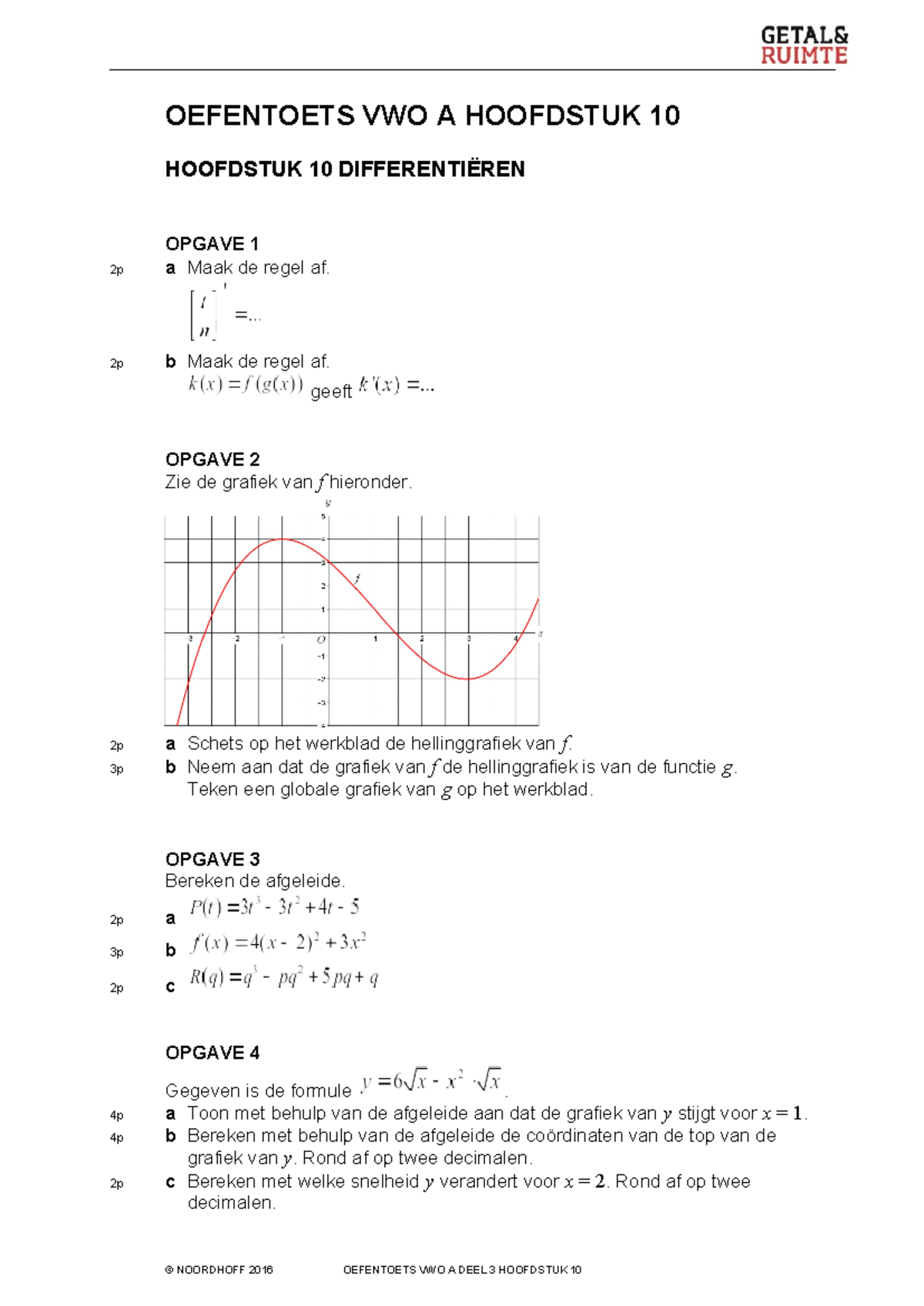 GR11 VA3 H10 Oefentoets - OEFENTOETS VWO A HOOFDSTUK 10 HOOFDSTUK 10 DIFFERENTIËREN OPGAVE 1 2p ...