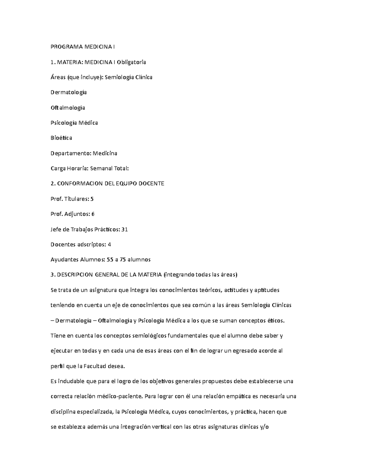 Programa Medicina I - PROGRAMA MEDICINA I MATERIA: MEDICINA I ...