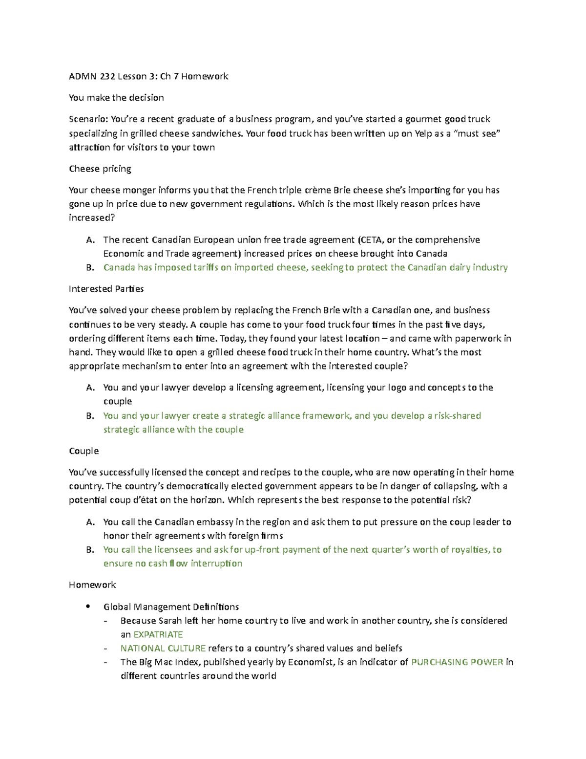 ADMN 232 Lesson 3 homework - ADMN 232 Lesson 3: Ch 7 Homework You make ...