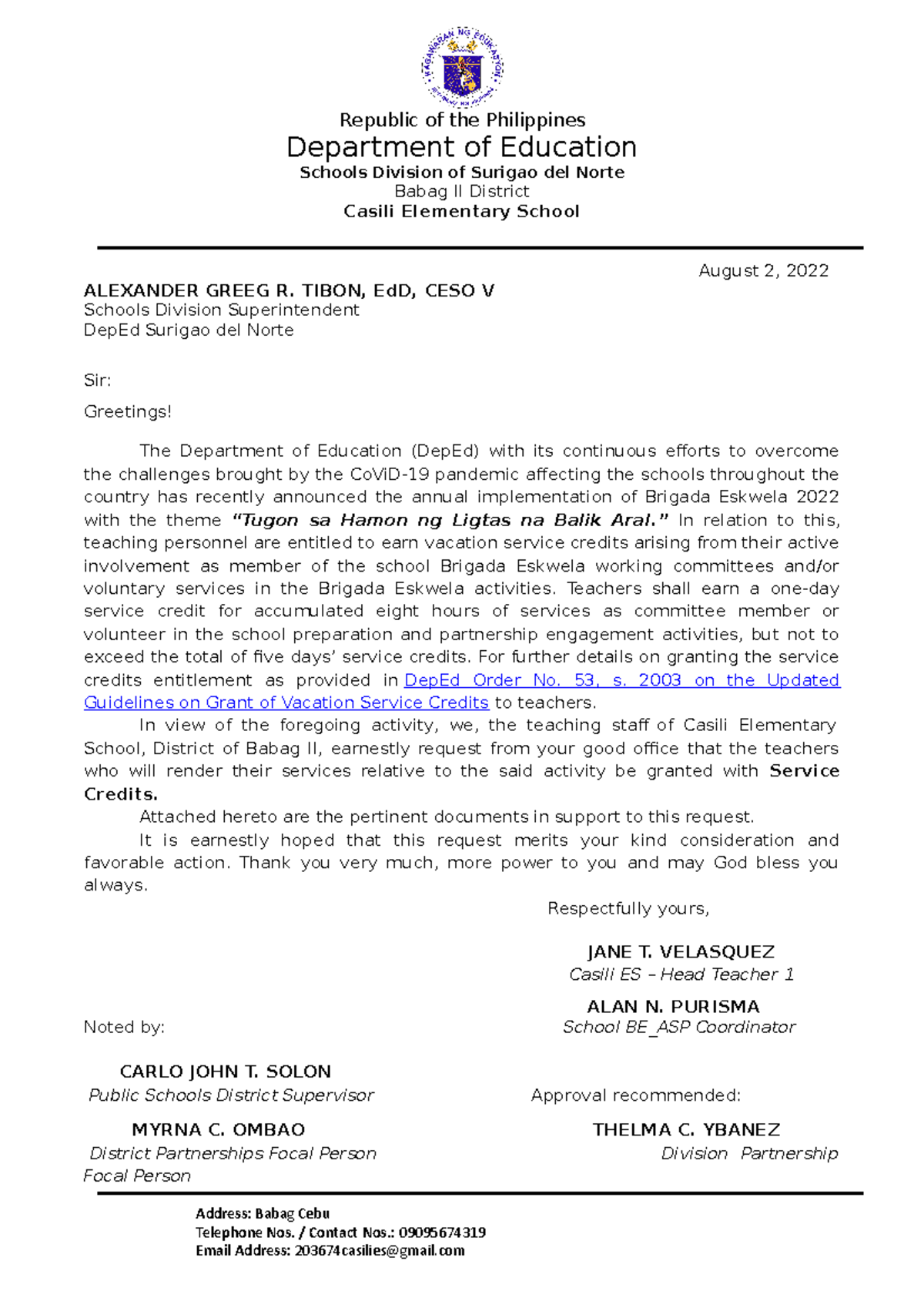 Letter FOR Service Credits - Republic of the Philippines Department of ...