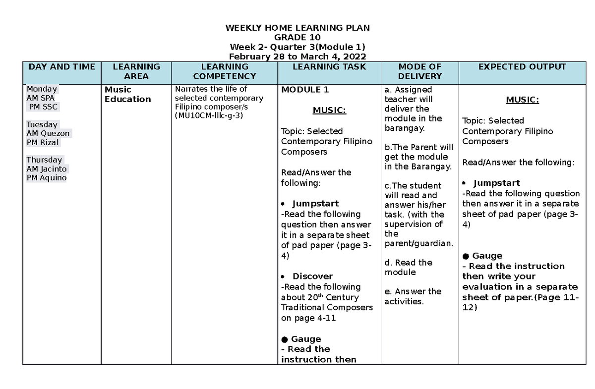 MAPEH10 QUARTER 3 MODULE 1 - WEEKLY HOME LEARNING PLAN GRADE 10 Week 2 ...