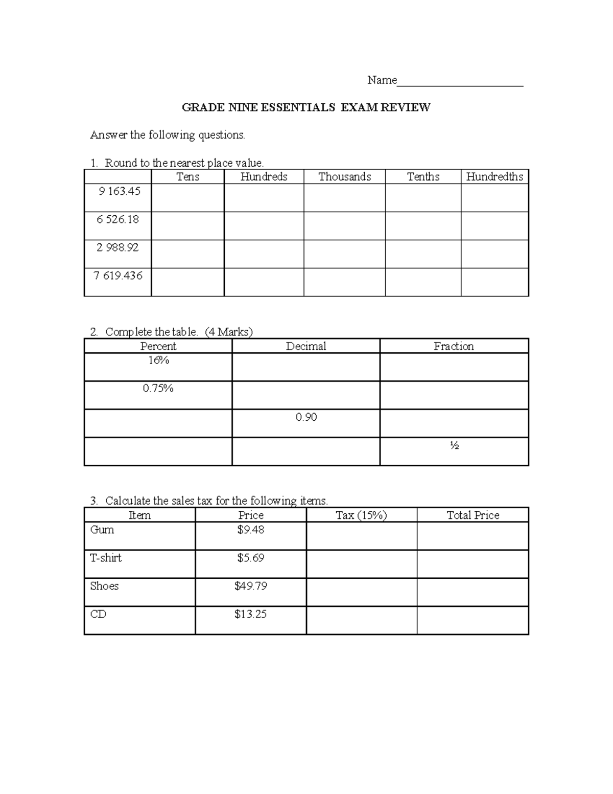 ExamReview9Essentials d Name GRADE NINE