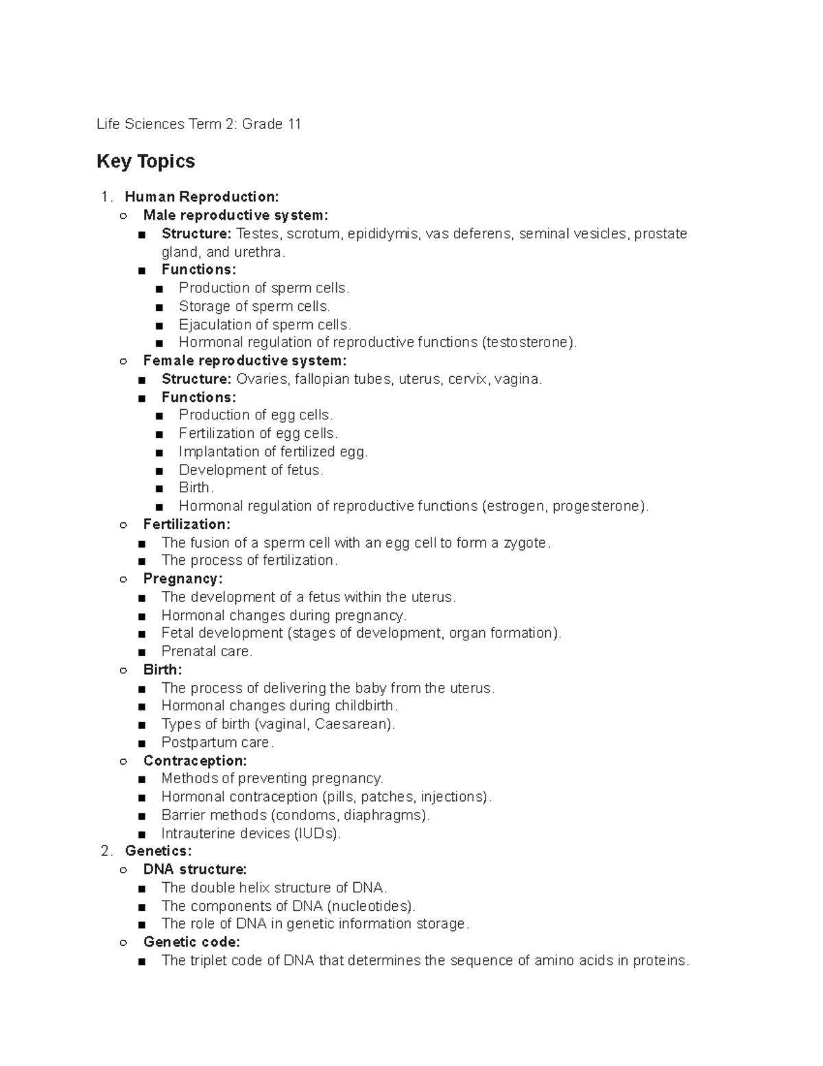 Life Science Term 2 Grade 11 - Life Sciences Term 2: Grade 11 Key Topics 1. Human Reproduction ...