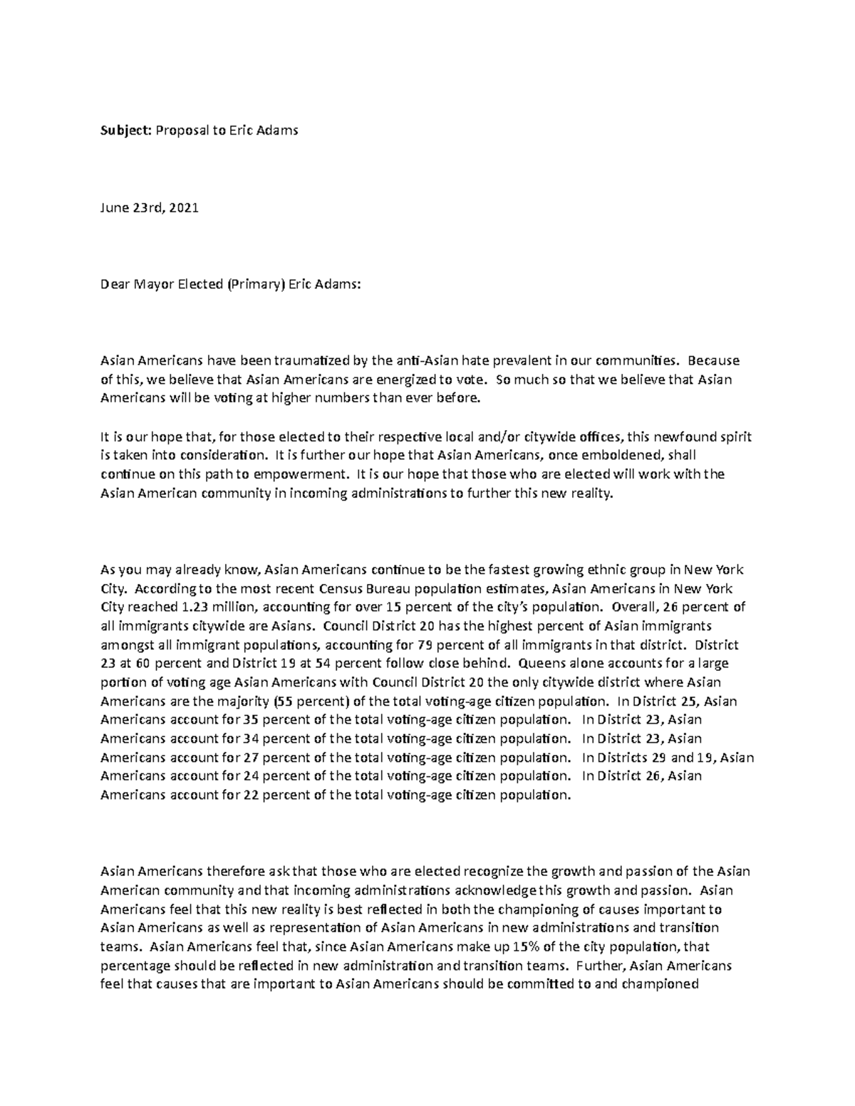 Proposal Letter to Eric Adams - Subject: Proposal to Eric Adams June ...