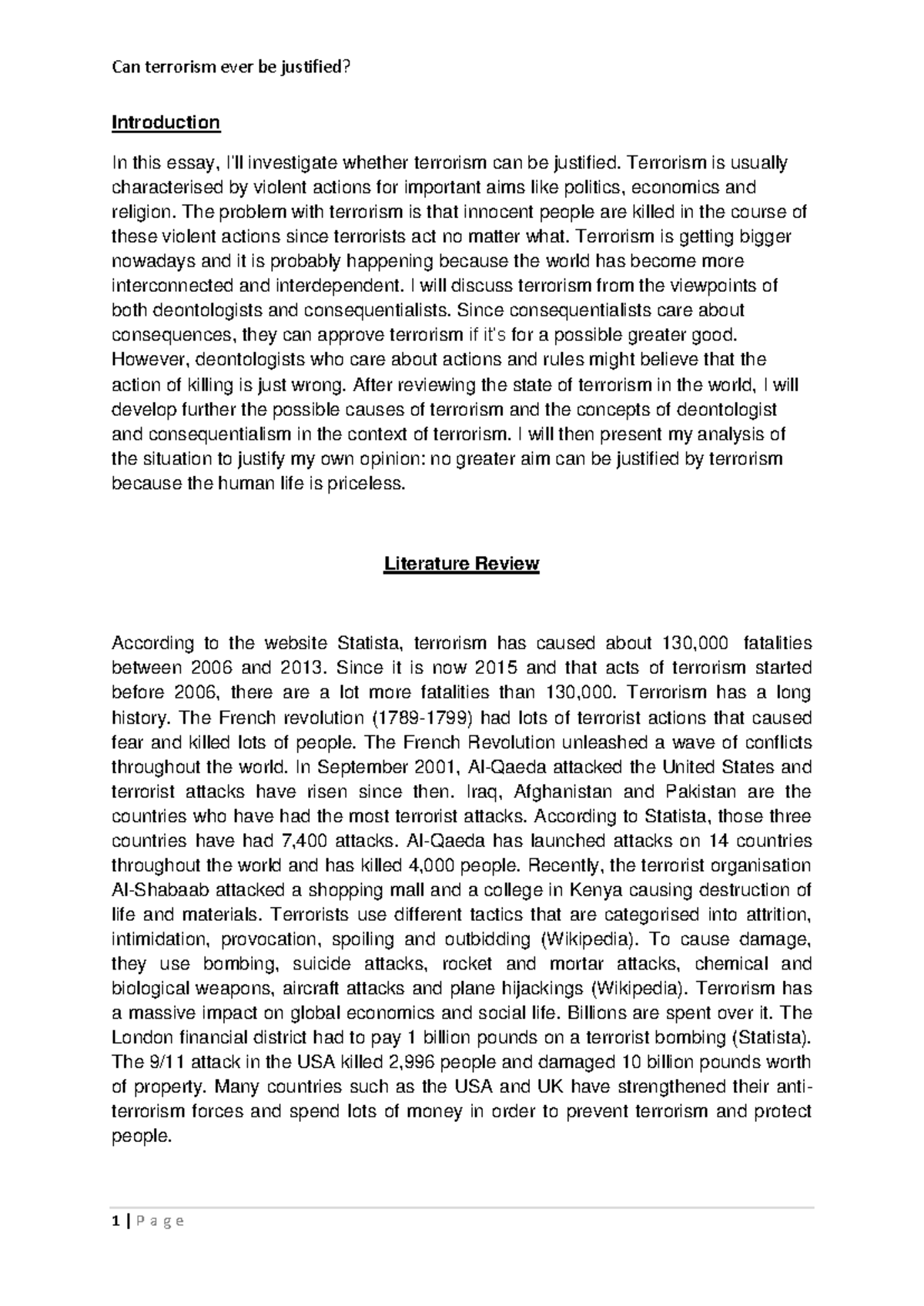 Essay On Terrorism - Notes - Introduction In this essay, I‟ll ...