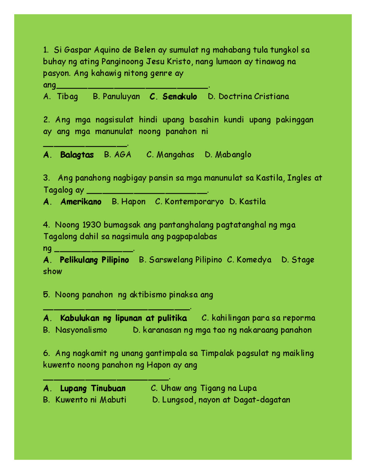 Reviewer doc edited - Si Gaspar Aquino de Belen ay sumulat ng mahabang ...