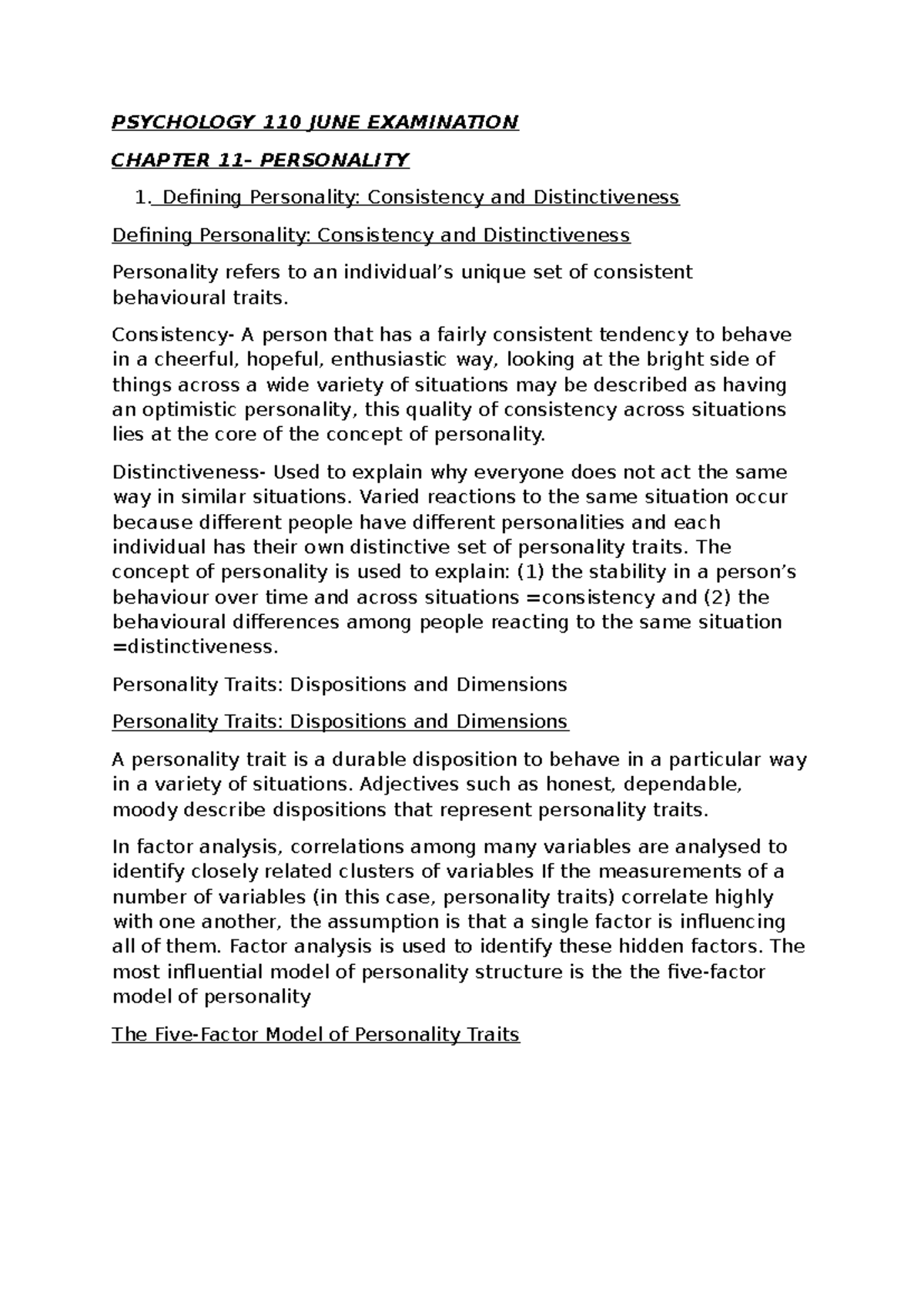 Psychology 110 JUNE Examination notes - PSYCHOLOGY 110 JUNE EXAMINATION ...