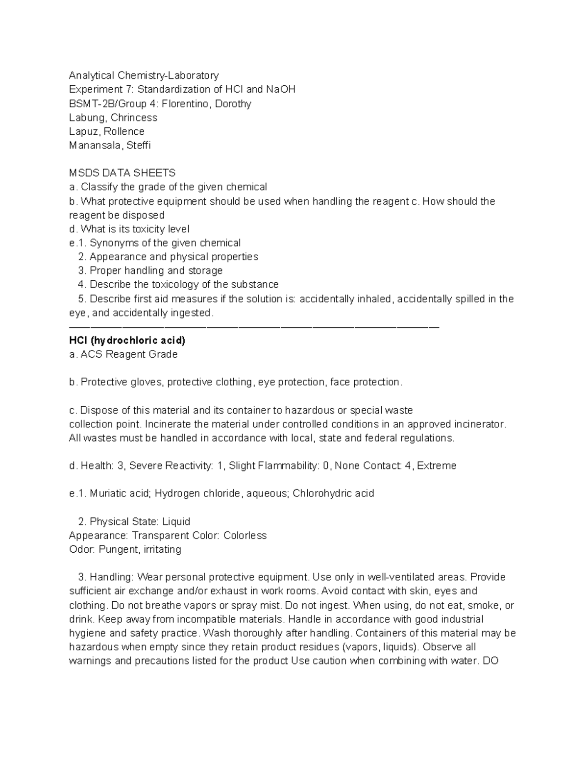 Msds - msds - Analytical Chemistry-Laboratory Experiment 7 ...
