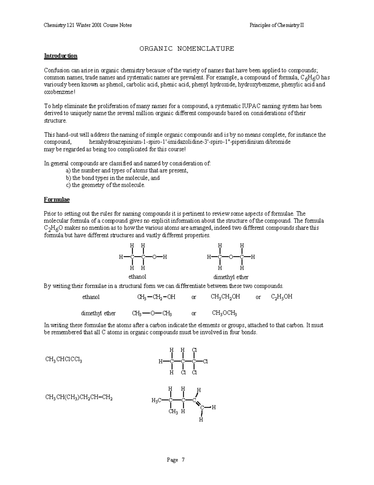Nomenclature - Lecture notes all - Chemistry 121 Winter 2001 Course ...