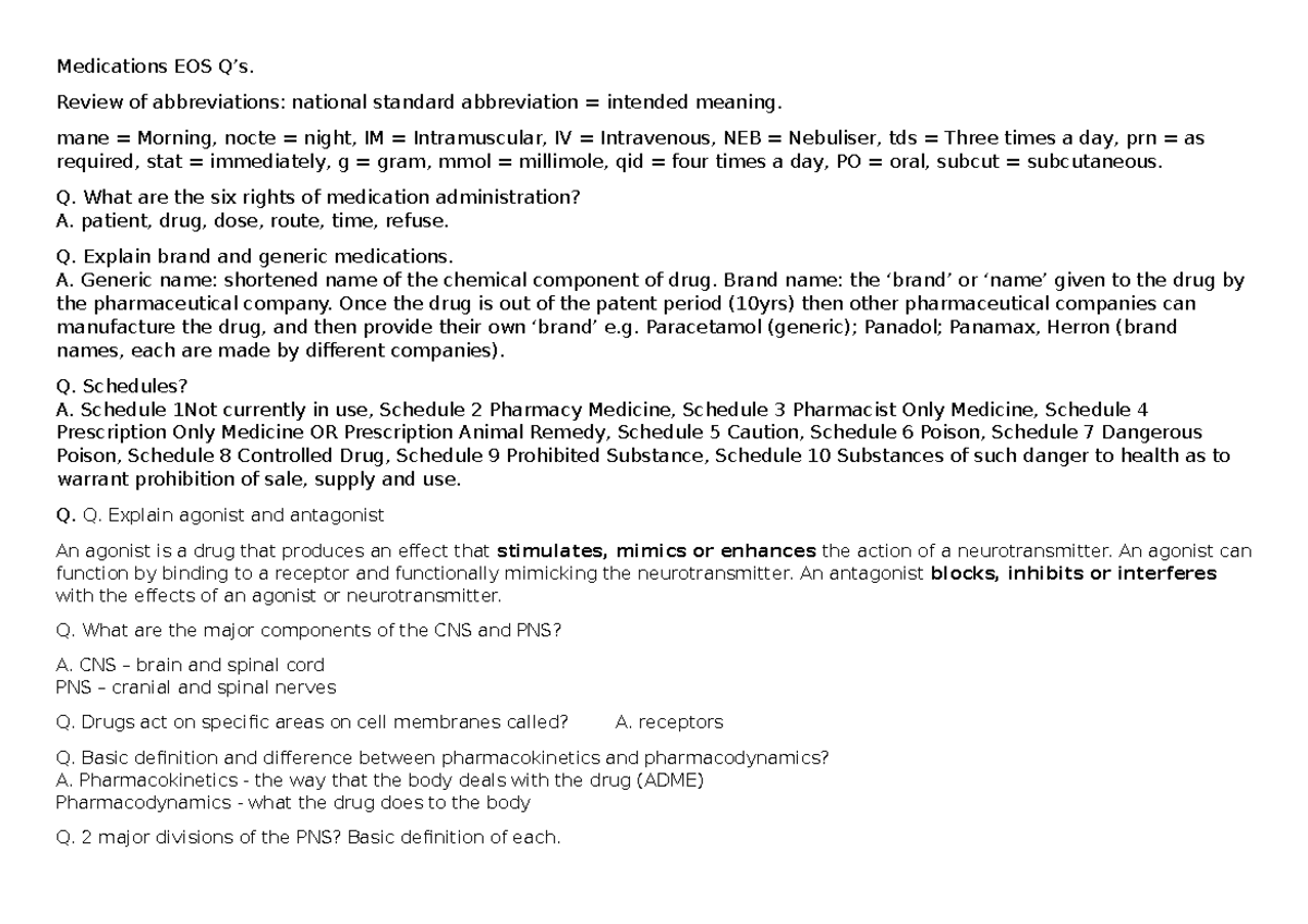 Medication EOS Review Qs - Medications EOS Q’s. Review of abbreviations ...