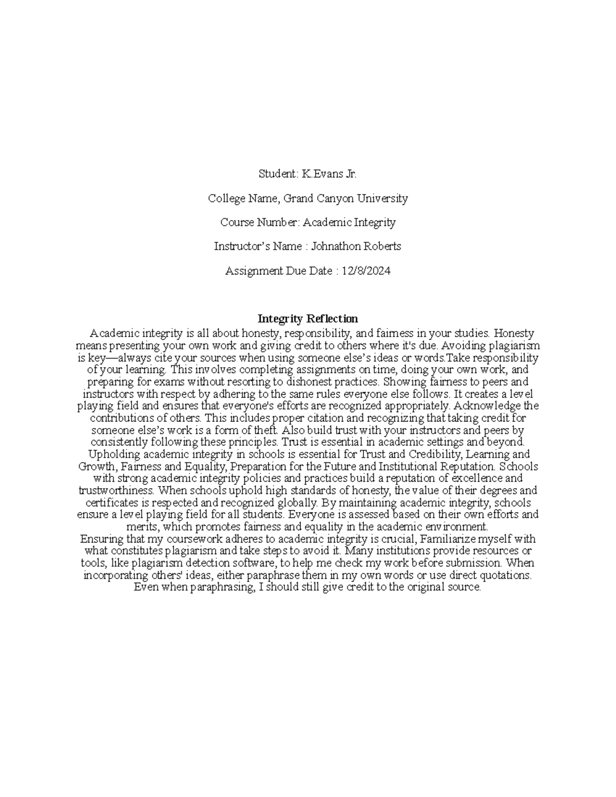 UNV-108-T3-Essay Template Academic Integrity - Student: K Jr. College ...