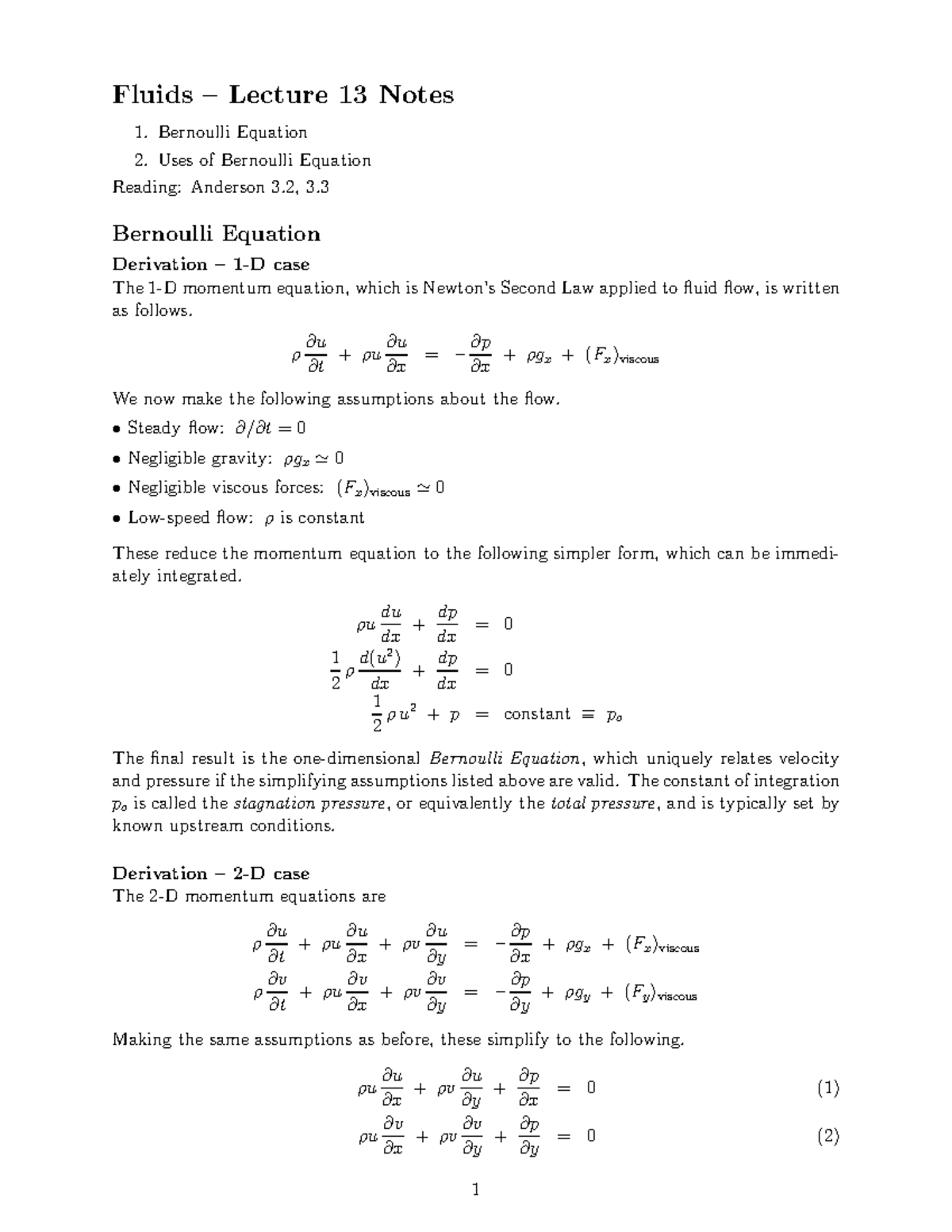 F13 - Practice notes and quiz - Fluids – Lecture 13 Notes Bernoulli ...