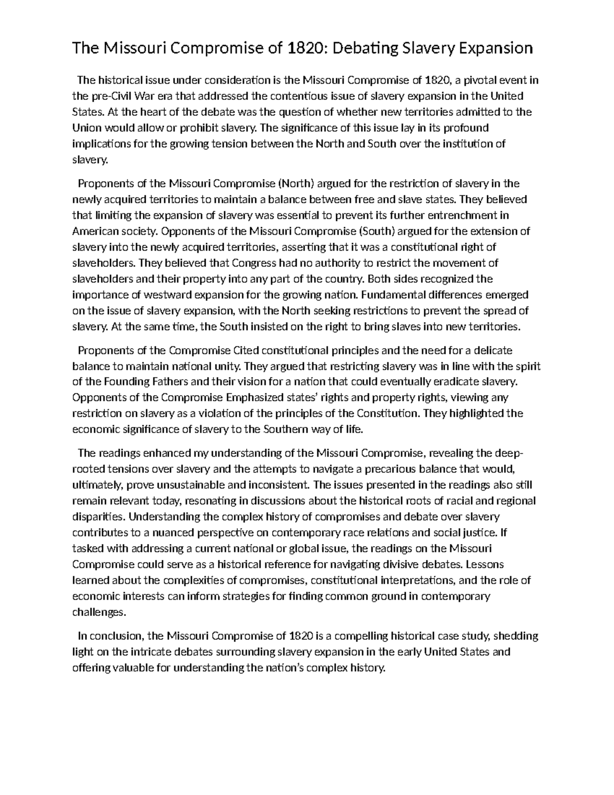 Historical Debate Paper - The Missouri Compromise of 1820: Debating ...