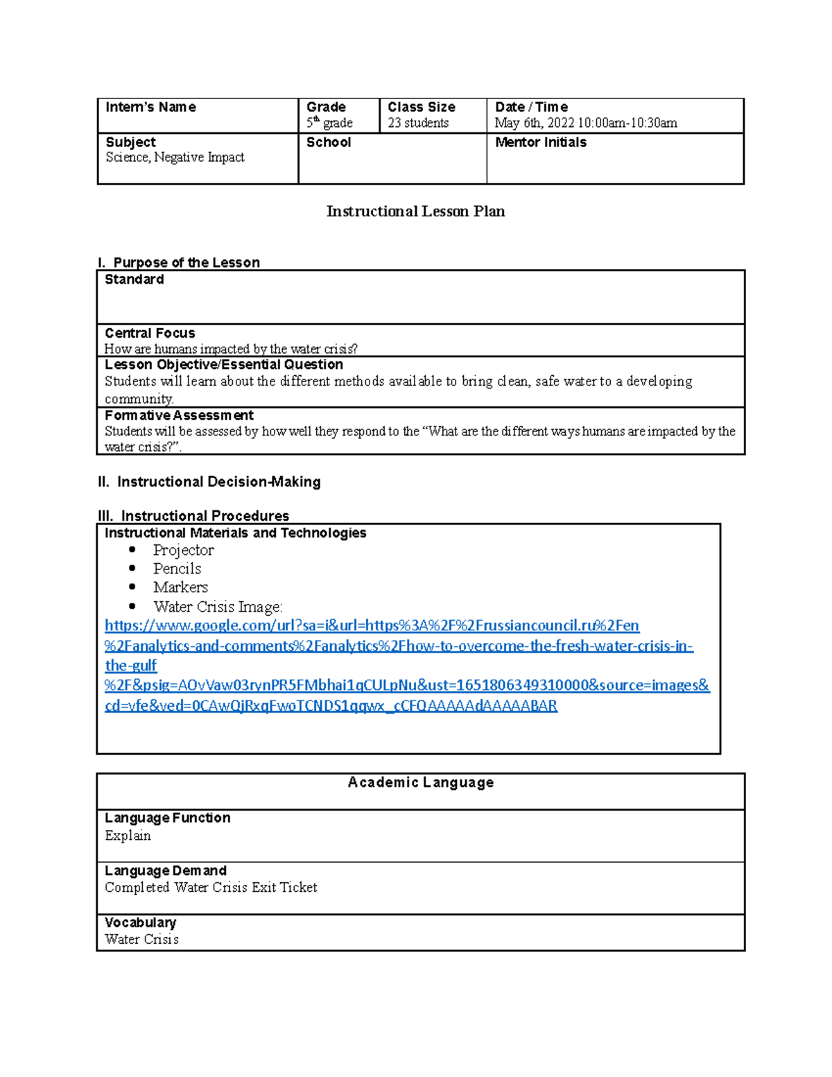 Water Crisis Lesson Plan Price - Intern’s Name Grade 5 th grade Class ...