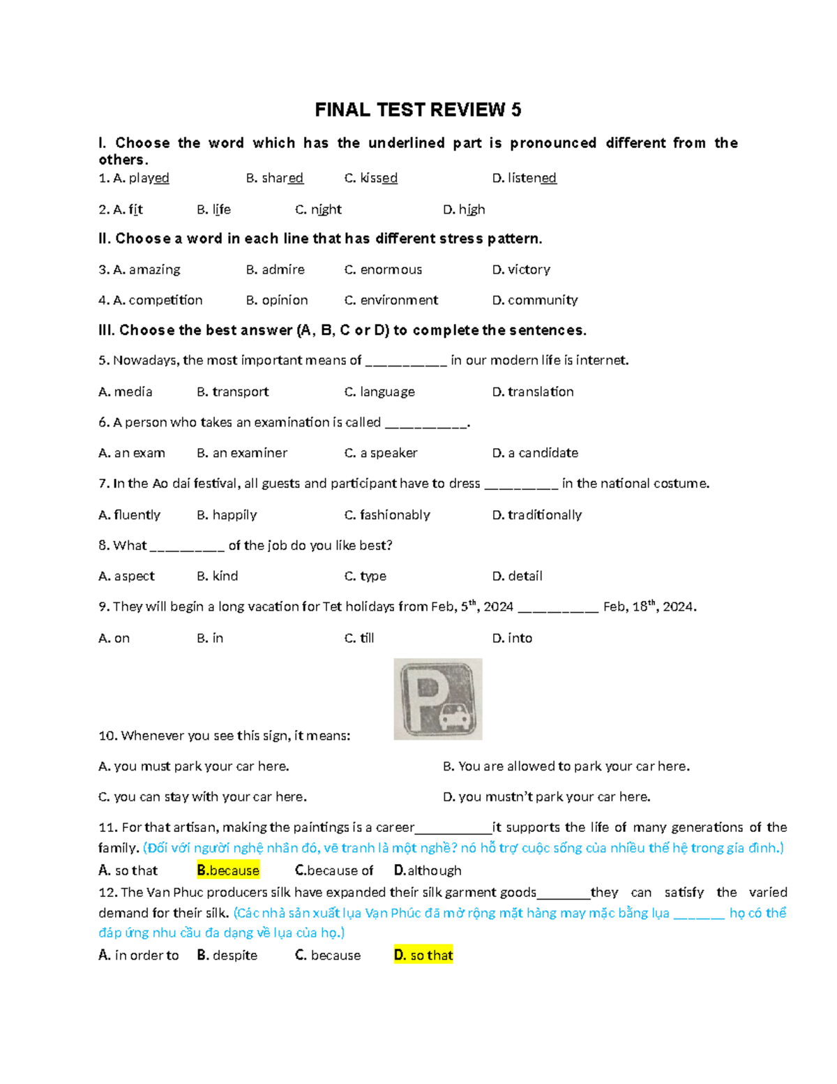 Final TEST Review 5 - chuong 3 - FINAL TEST REVIEW 5 I. Choose the word ...