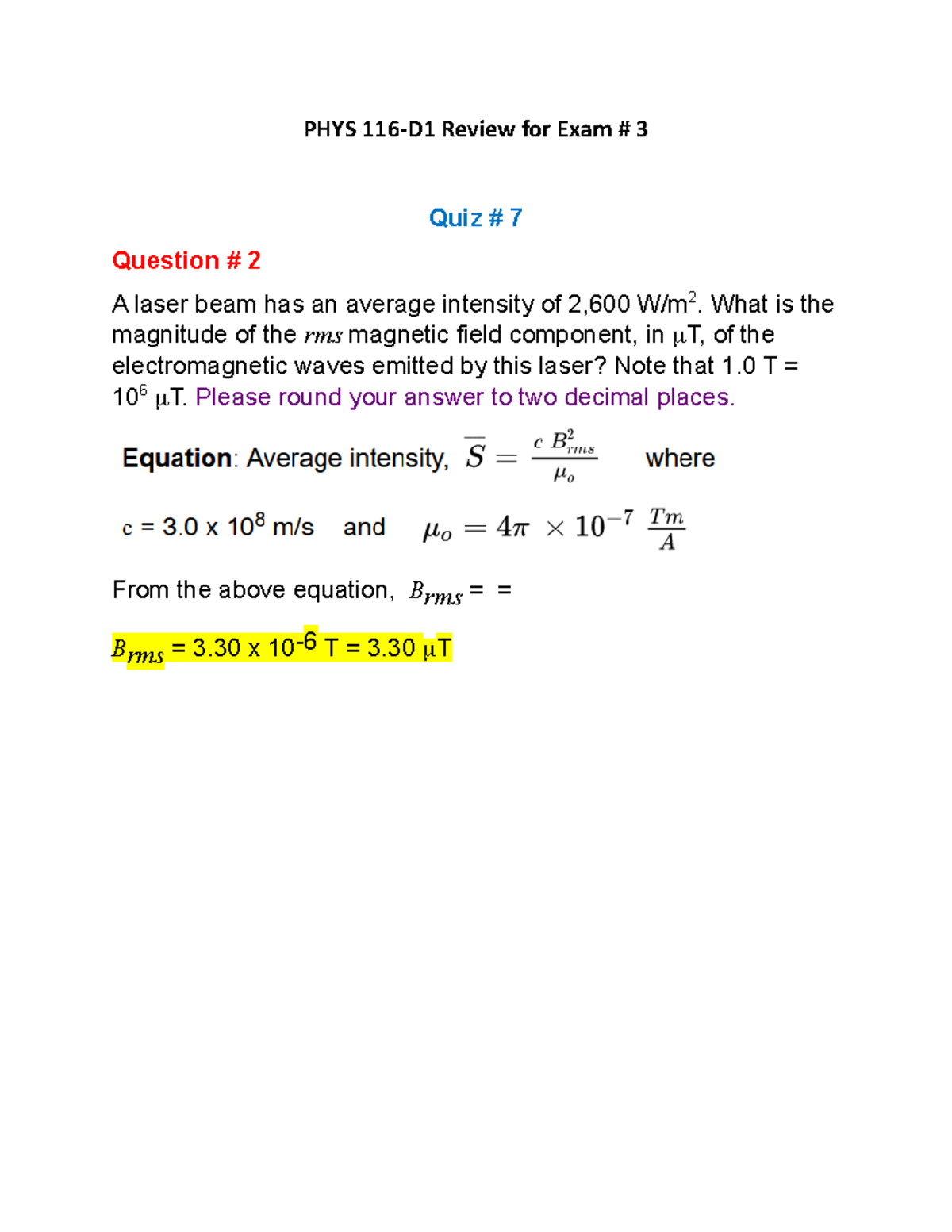 PHYS 116-D1 Review for Exam#3 - What is the magnitude of the rms ...