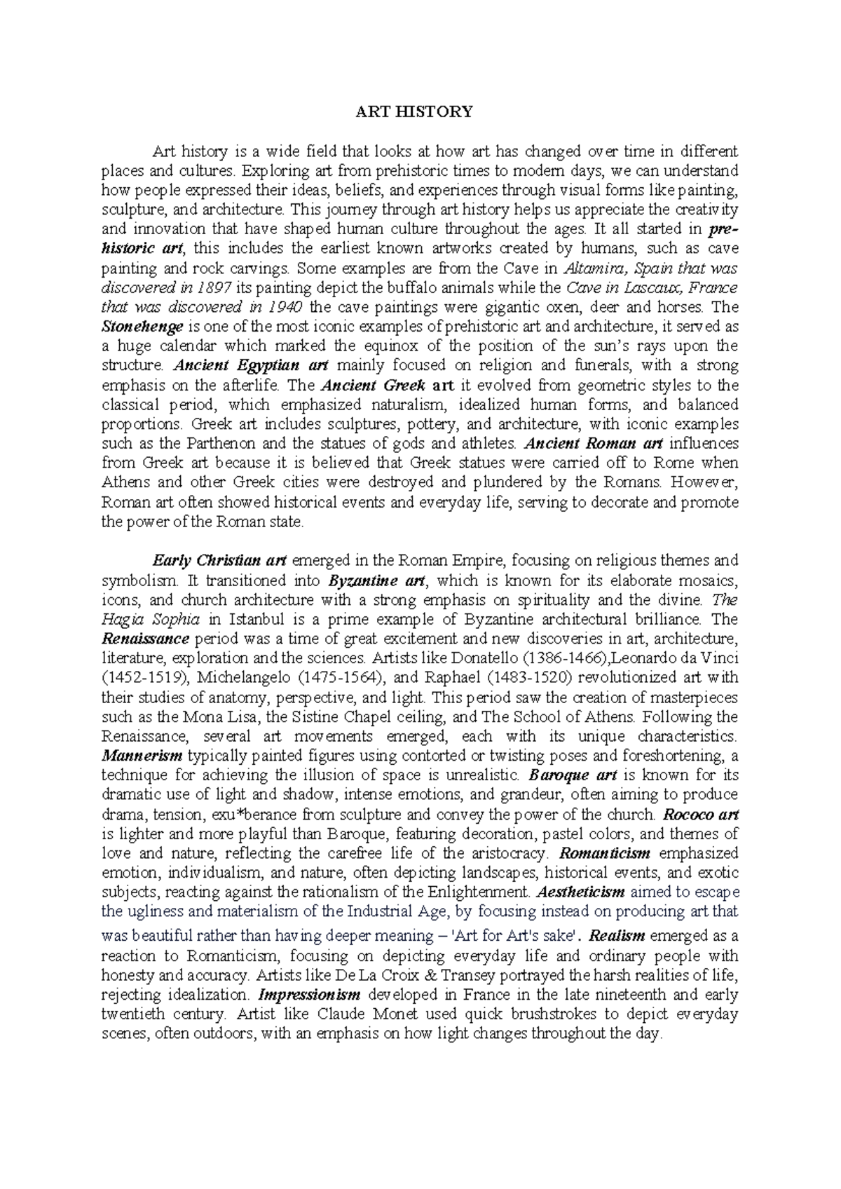 Chapter 8 Art History Summary - ART HISTORY Art history is a wide field ...