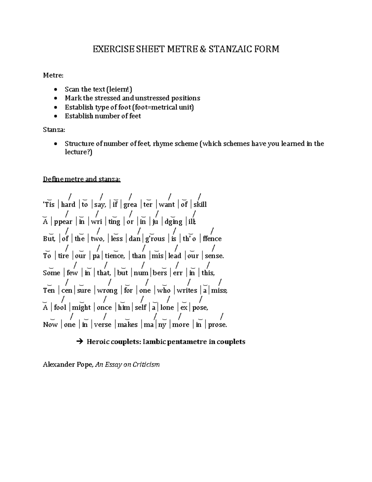 Exercise Sheet Metre AND Stanza key-1 - EXERCISE SHEET METRE & STANZAIC ...