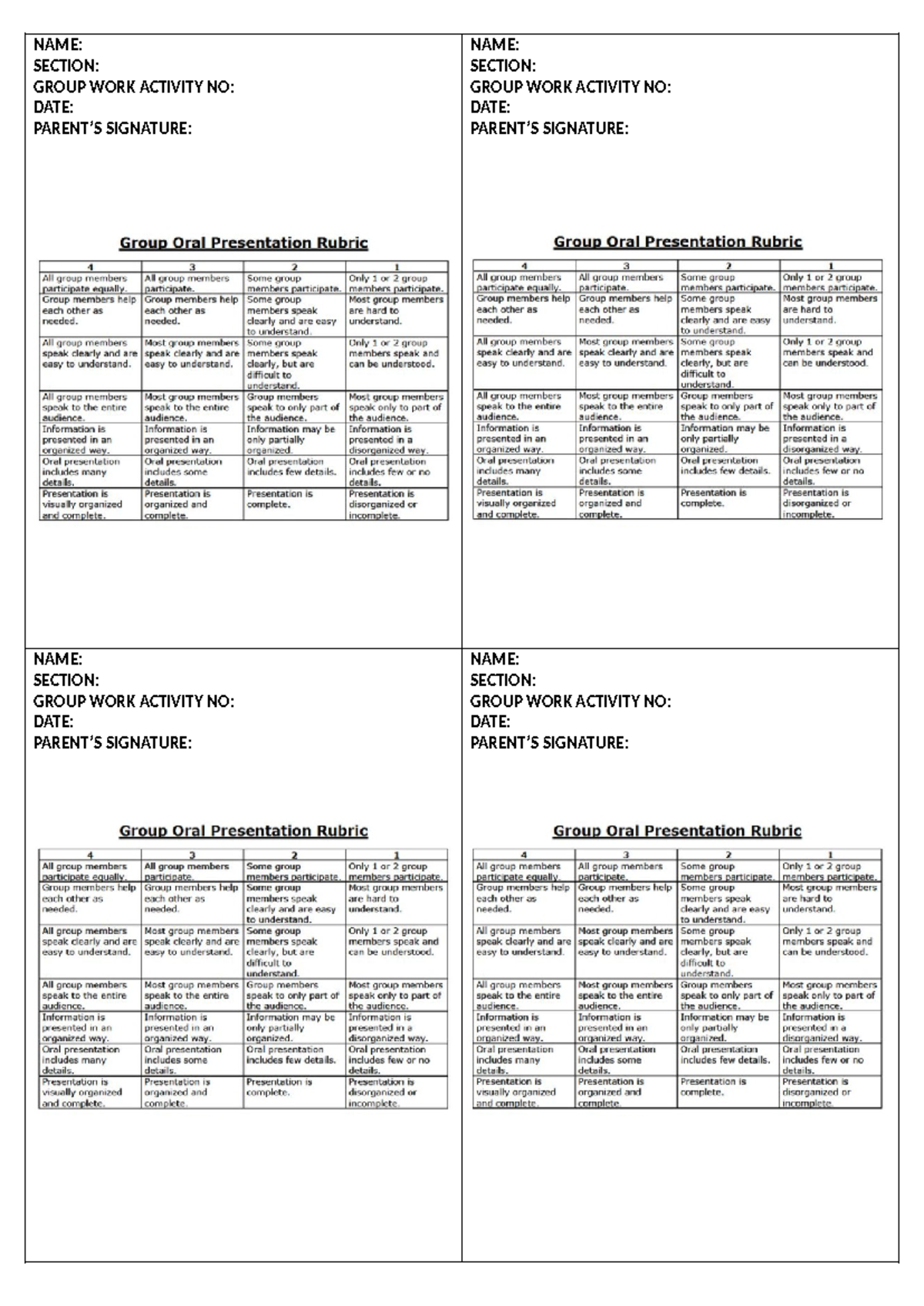 Group WORK Criteria - TLE Grade 10 activity - NAME: SECTION: GROUP WORK ...