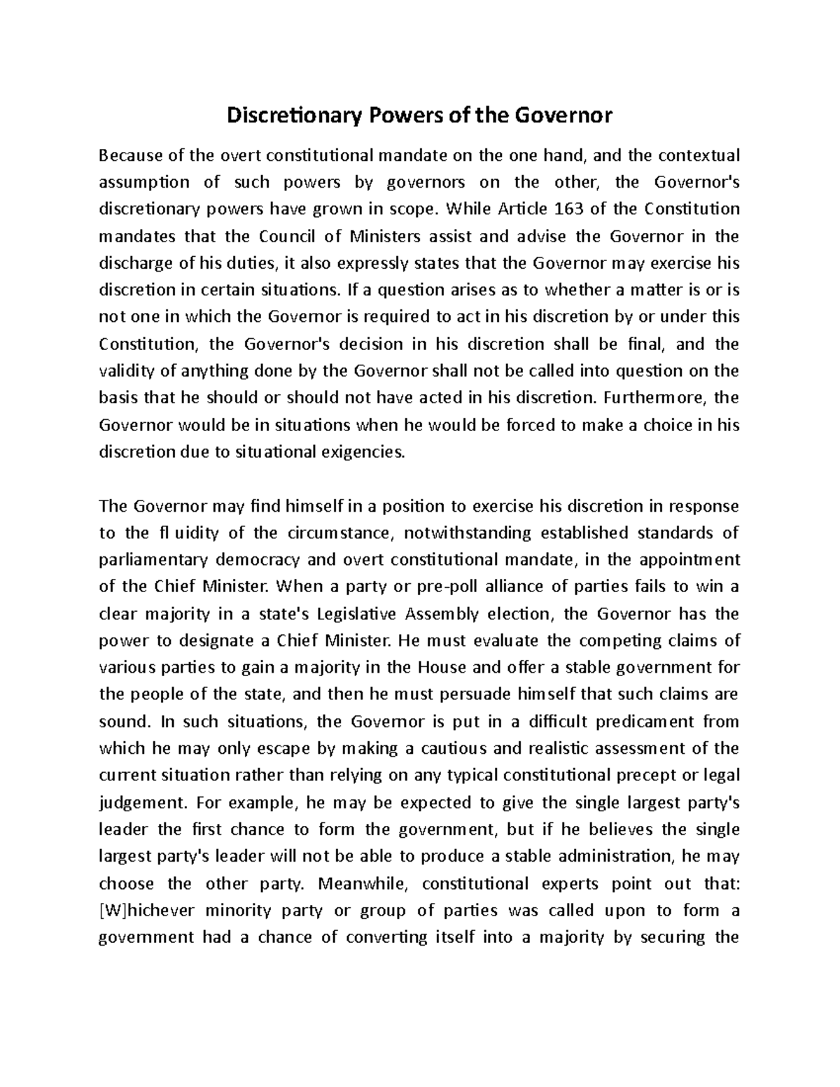 Discretionary Powers of the Governor - Discretionary Powers of the ...