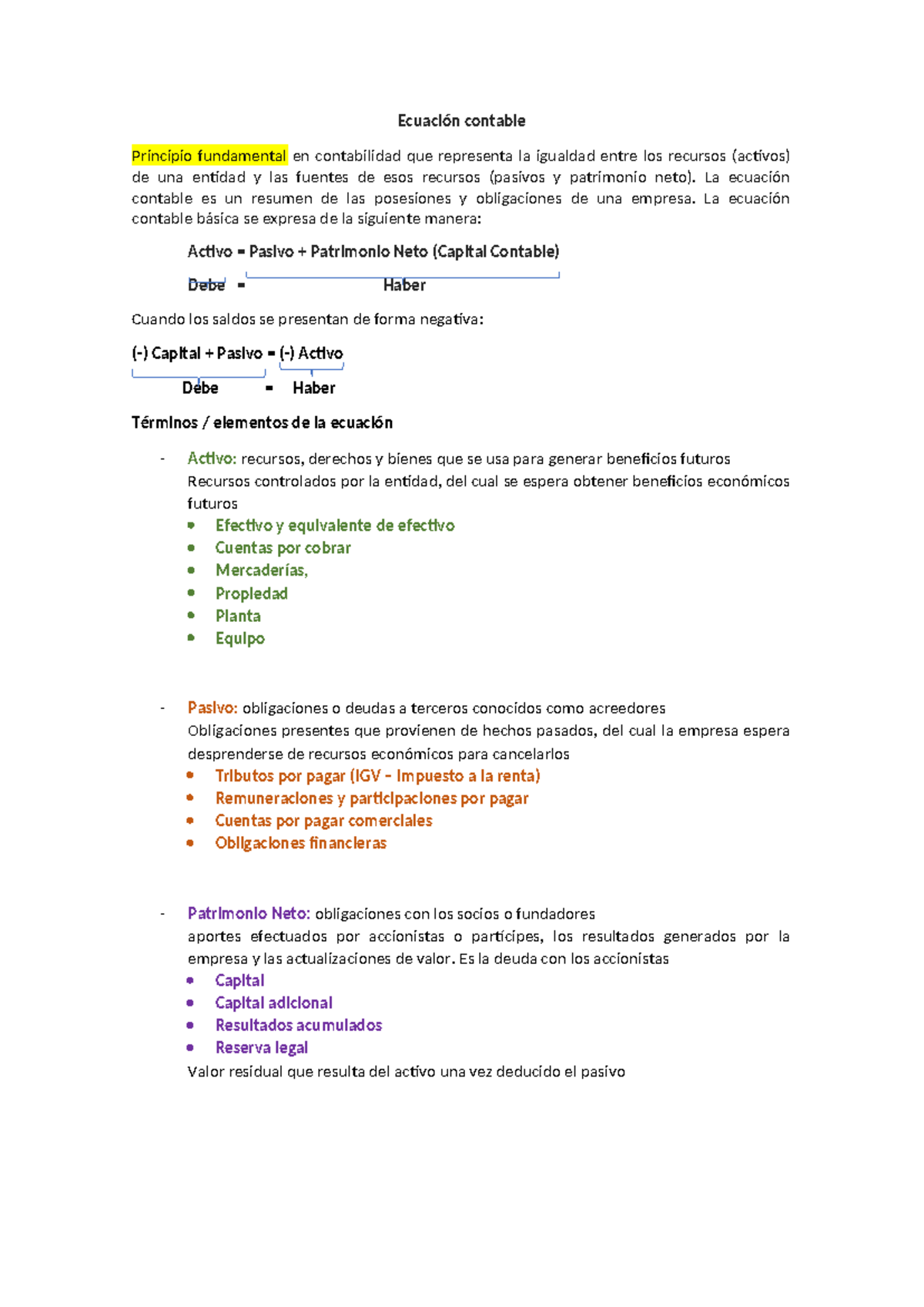 Resumen Contabilidad - ECUACIÓN CONTABLE - Ecuación contable Principio ...
