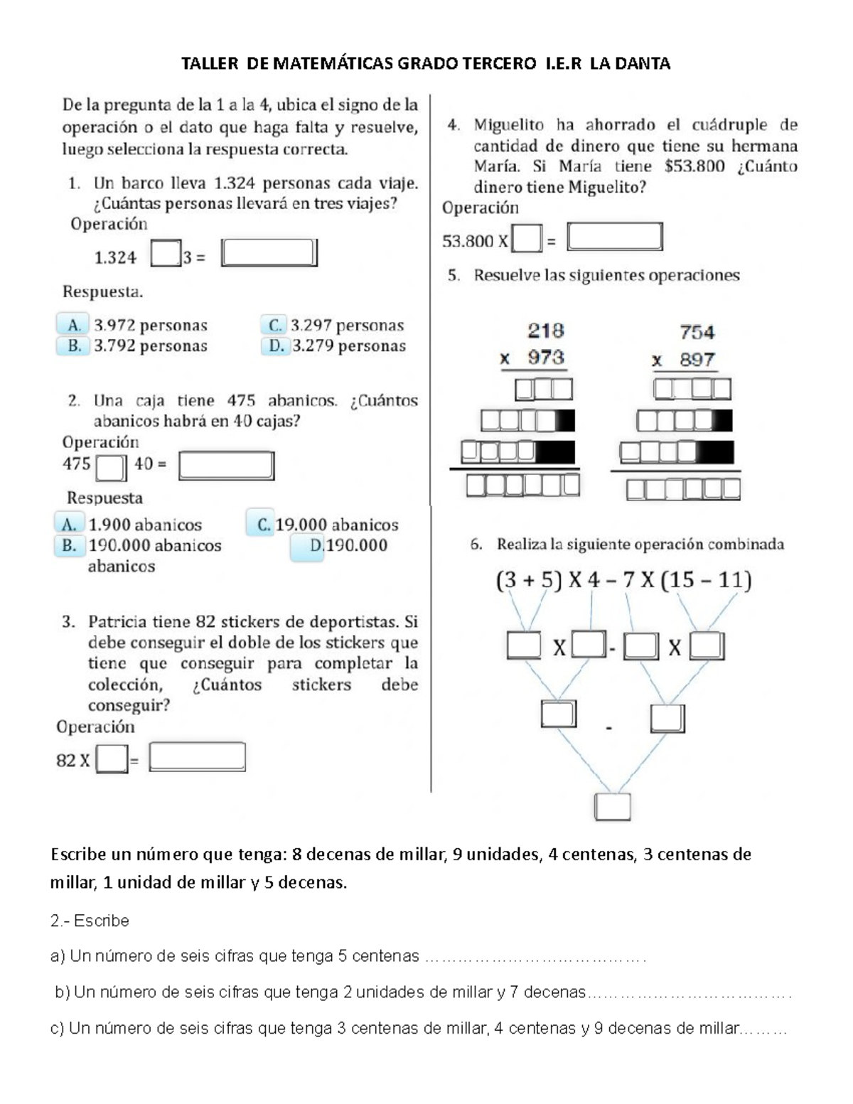 Taller DE Matemáticas Y Español Grado Tercero - TALLER DE MATEMÁTICAS ...